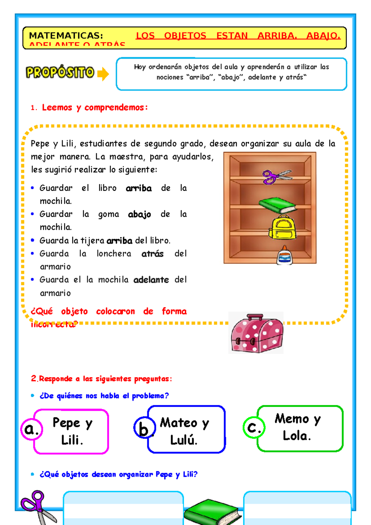 U0 S1 Actividades de Posición en el Aula: Arriba, Abajo, Delante ...