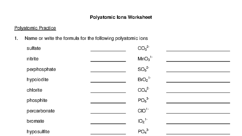 Polyatomic Ions Worksheet: Comprehensive Practice Guide - Studocu