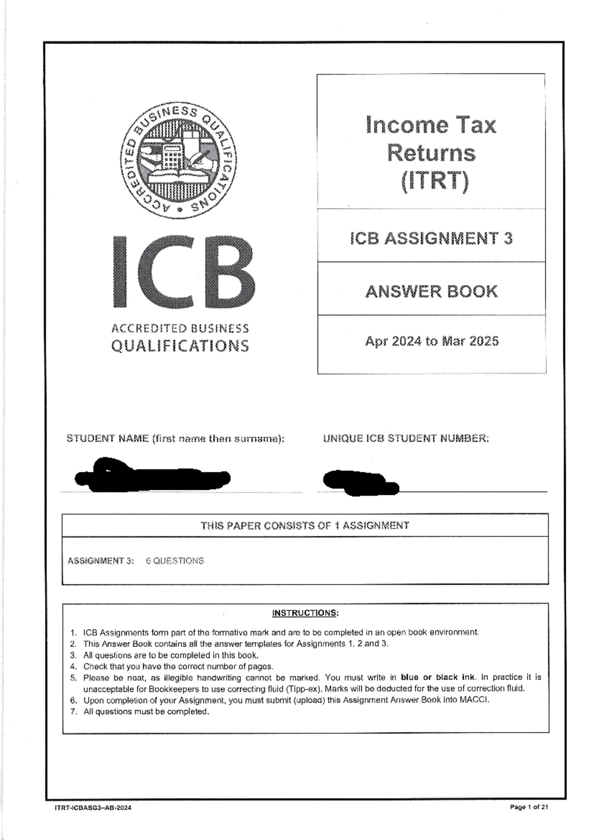 ICB ITRT - Assignment 3 Answer Book: Apr 2024 to Mar 2025 - Studocu