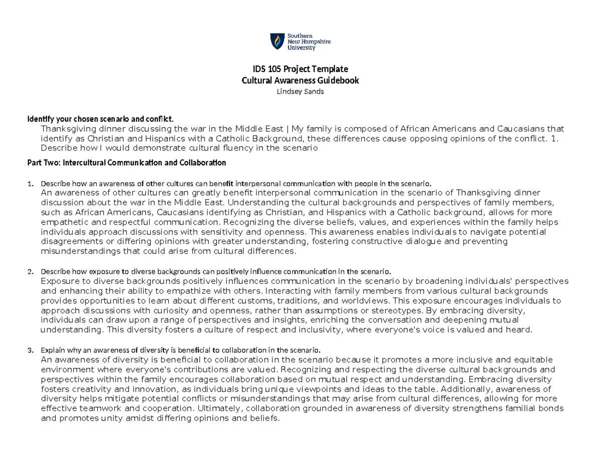 IDS 105 Project Draft: Cultural Awareness in Family Interactions - Studocu