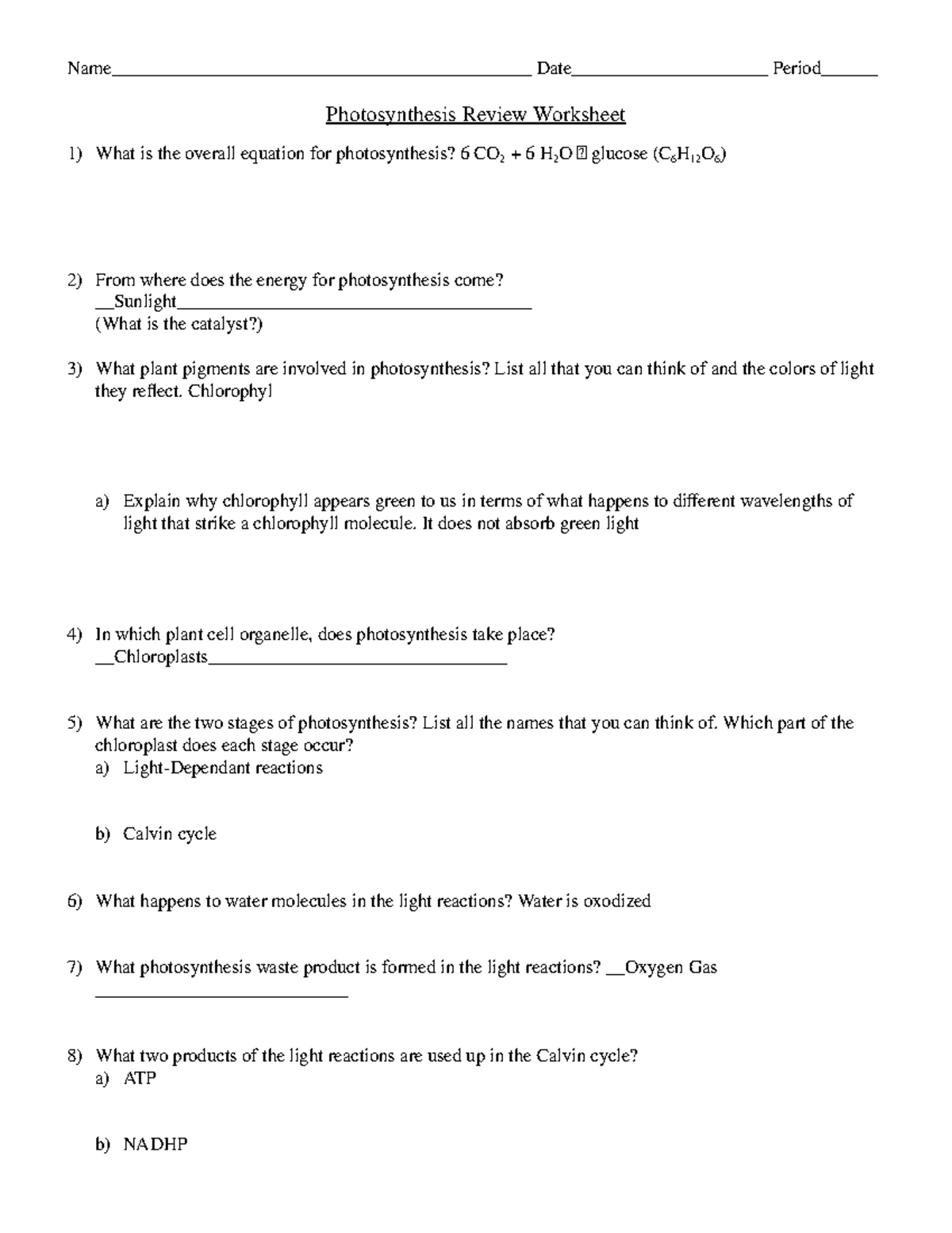 Copy of Photosynthesis Review Worksheet - Photosynthesis Review ...