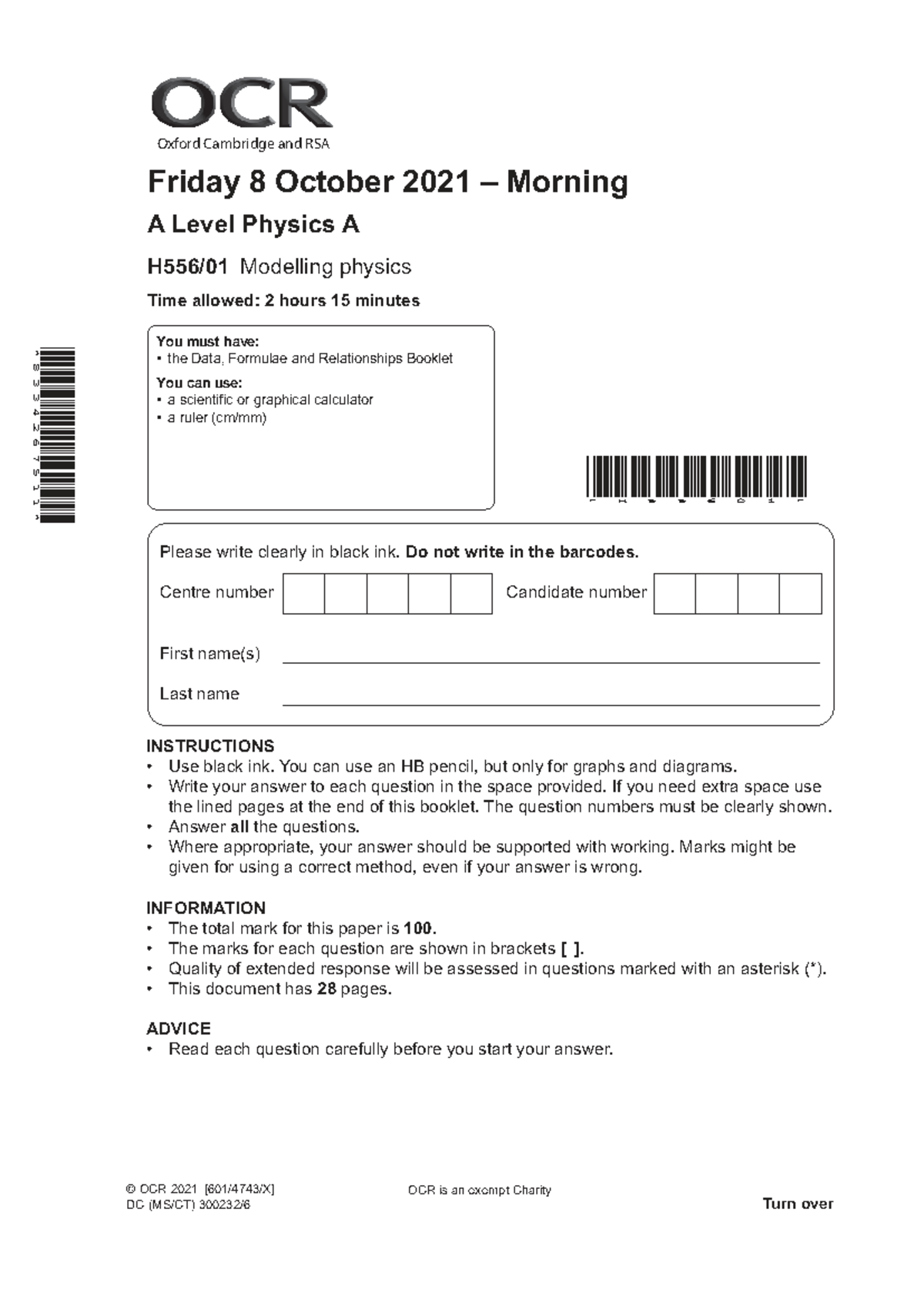 A Level Physics A Exam Paper - Friday 8 October 2021 (OCR) - Studocu