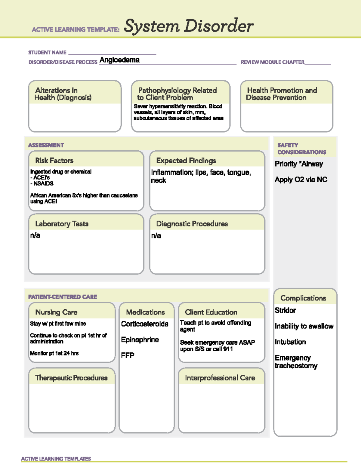 Angioedema - System Disorder - ACTIVE LEARNING TEMPLATE: System ...