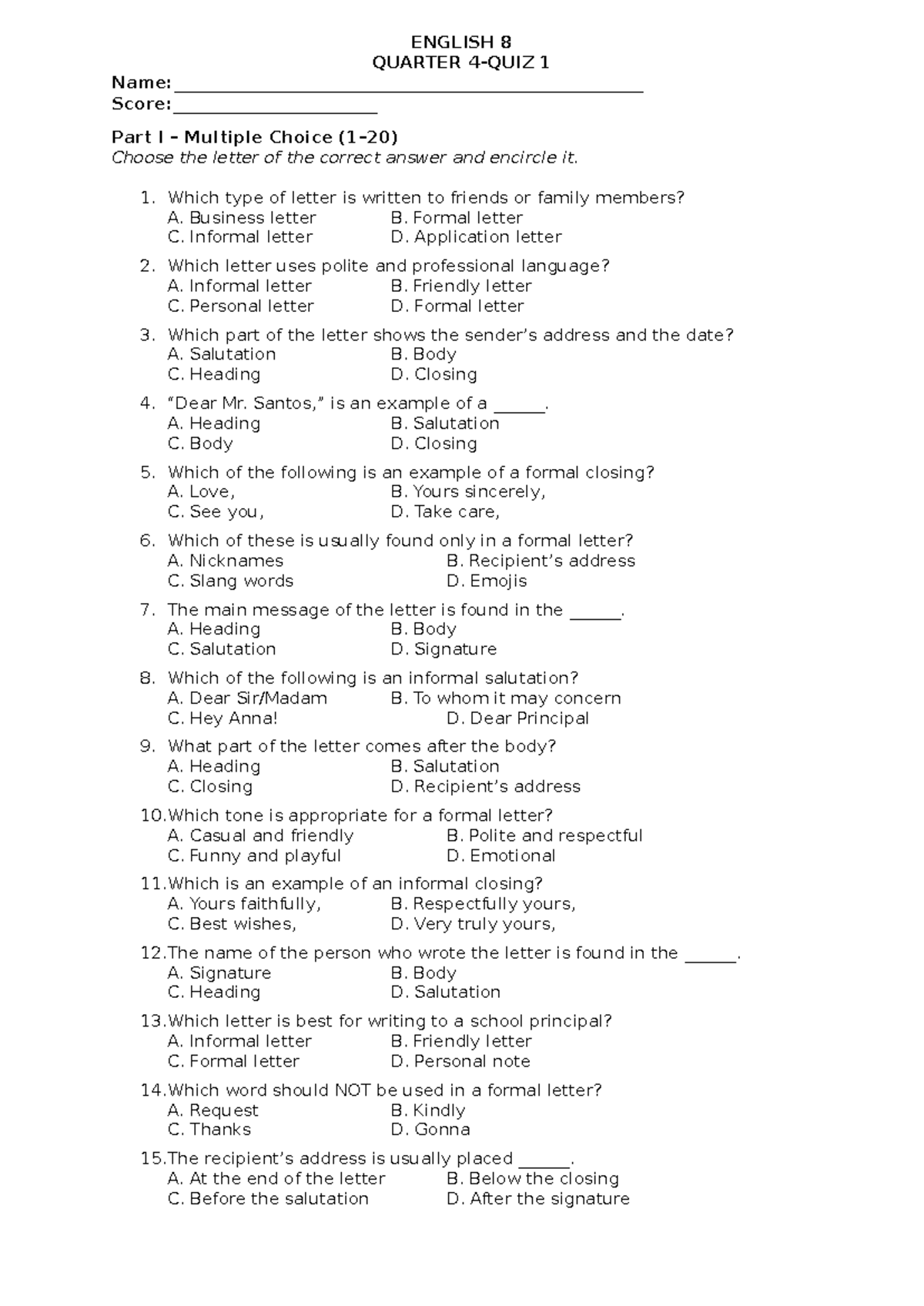 ENGLISH 8 QUIZ 1: Multiple Choice & Letter Parts Review - Studocu