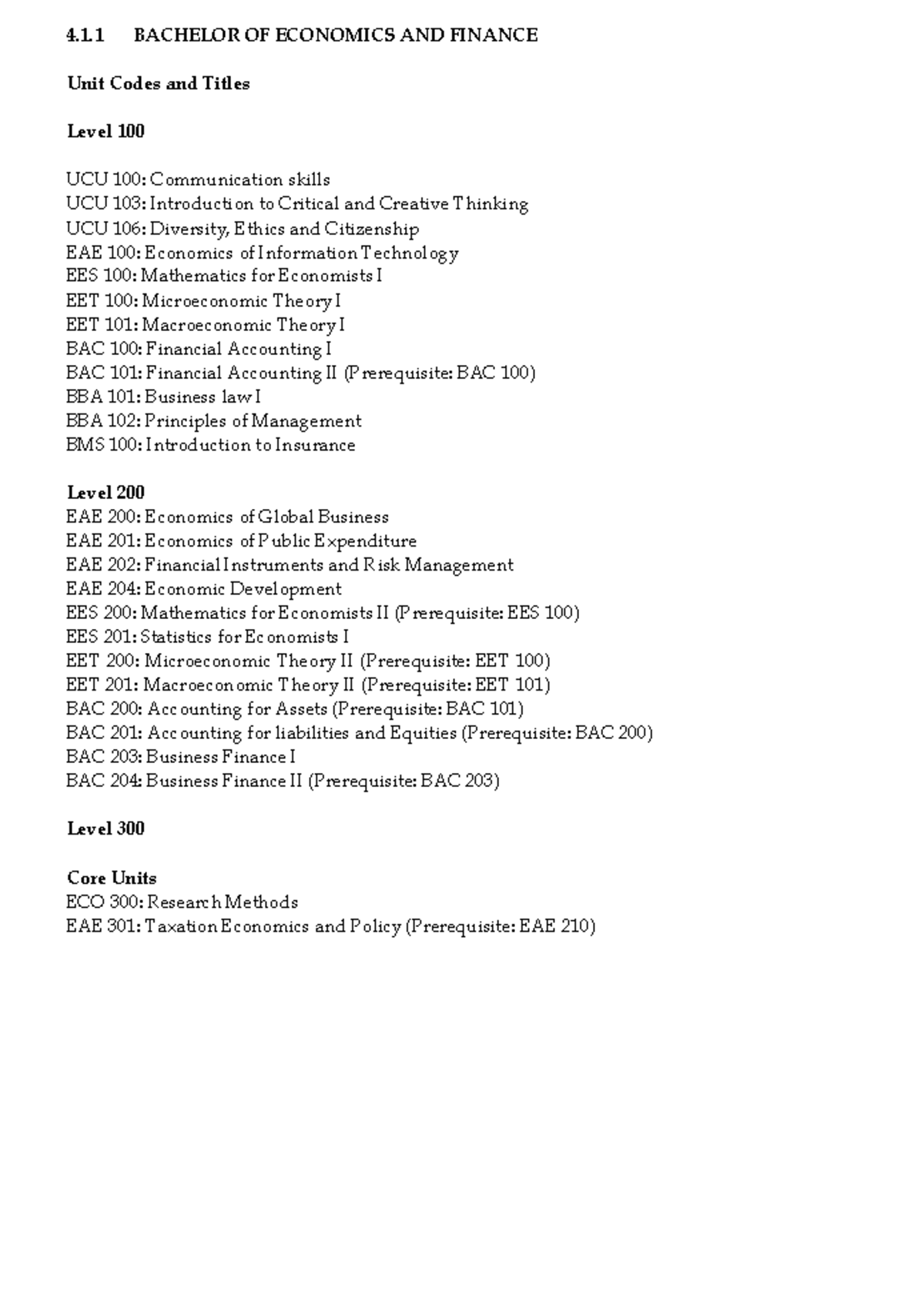 Bachelor of Economics and Finance: Unit Codes and Titles Overview - Studocu