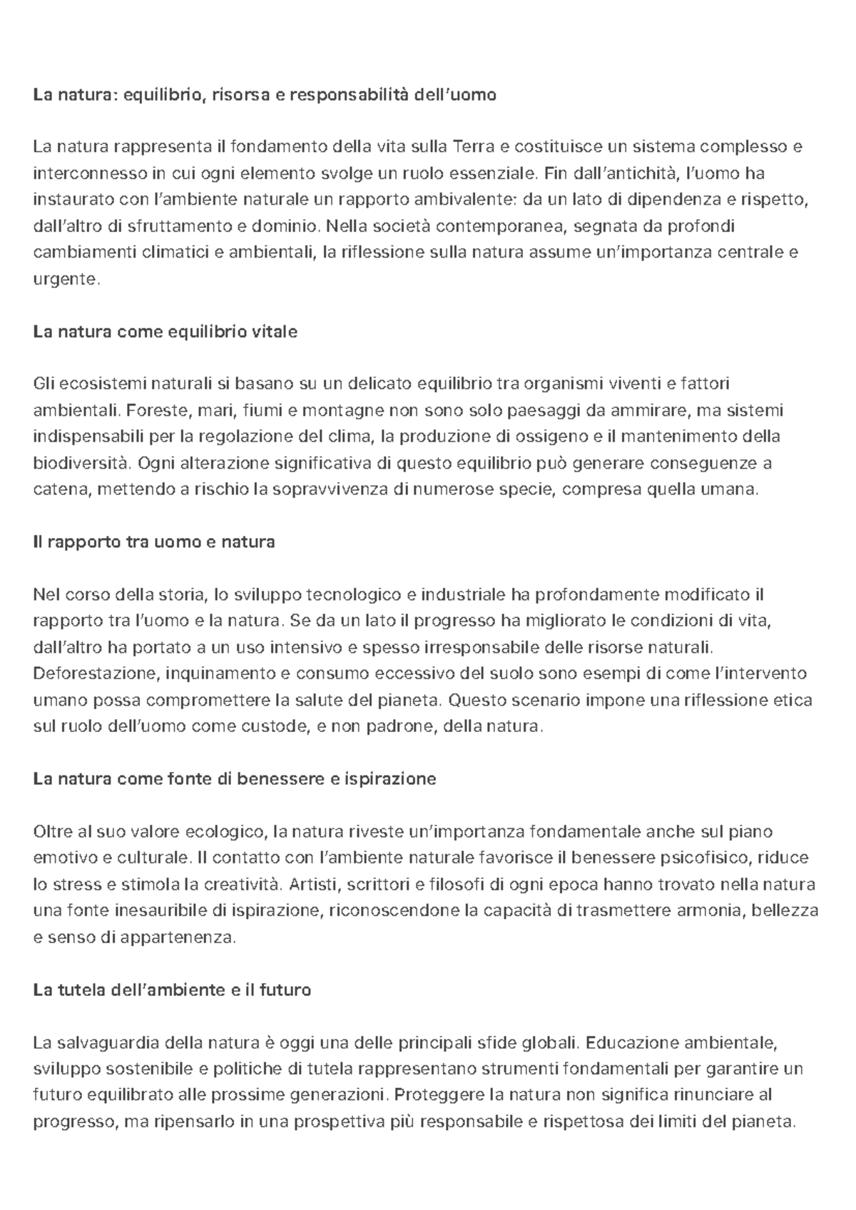 La natura: Equilibrio, Risorsa e Responsabilità dell'Uomo - Studocu