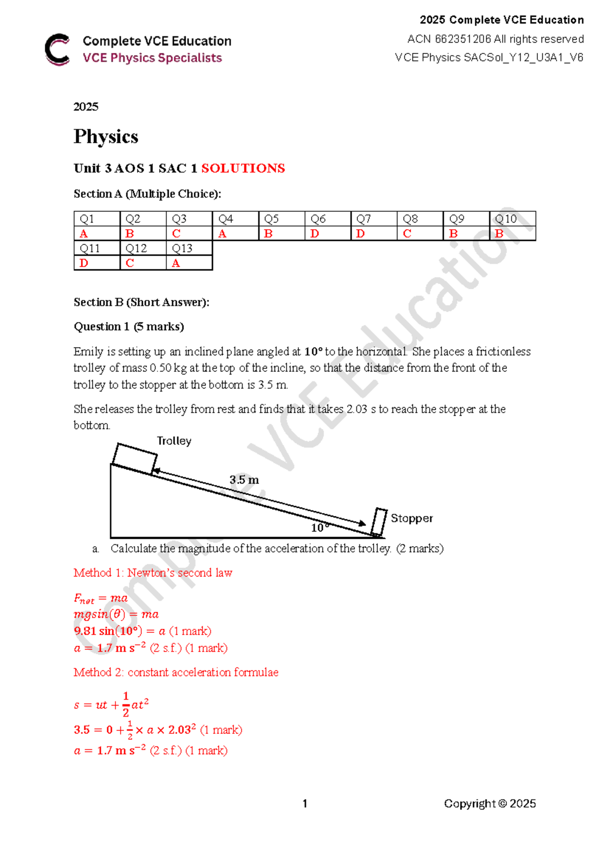 VCE Physics SAC Solutions Y12 U3 AOS 1 - 2025 Edition - Studocu