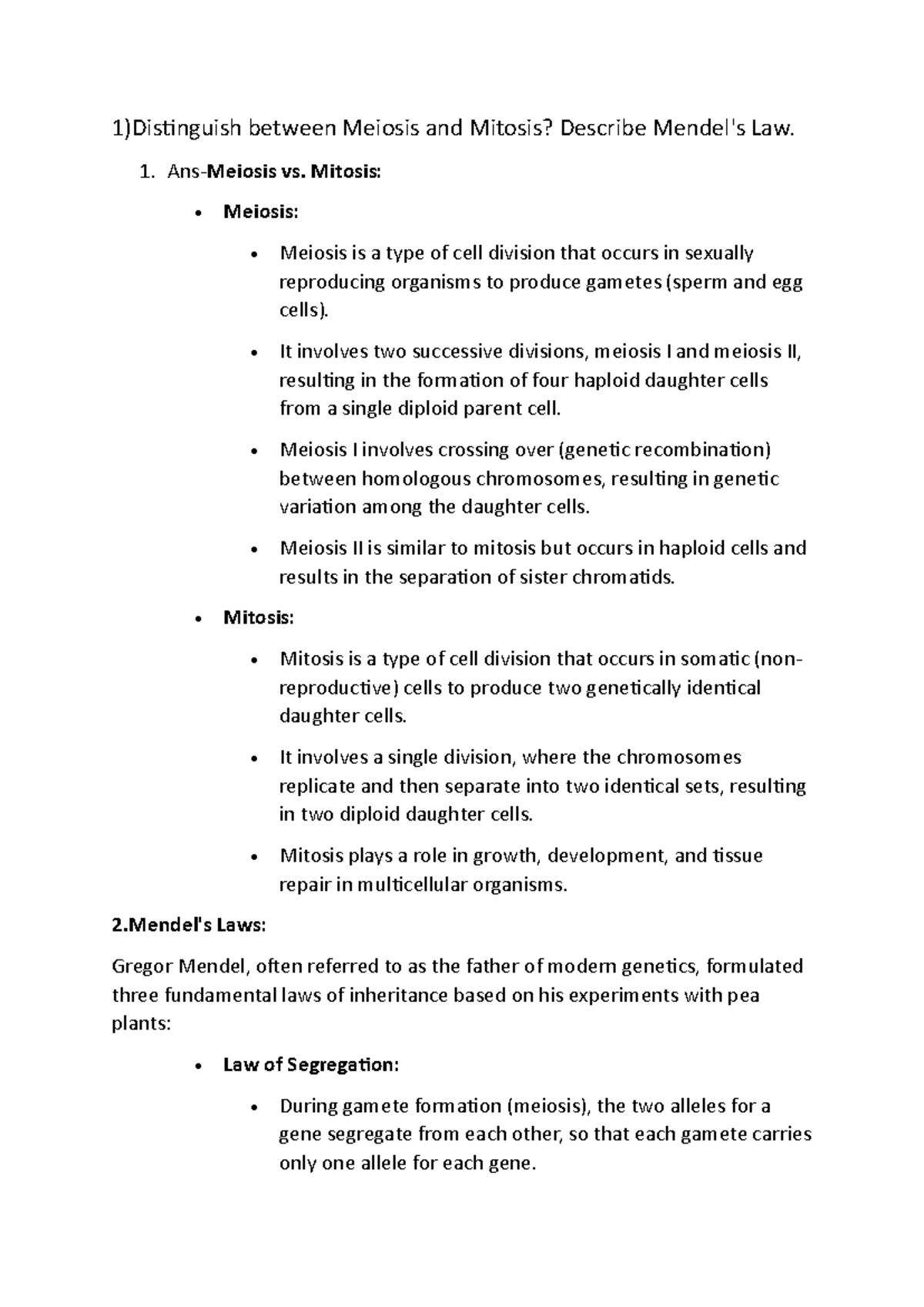Midterm Notes for Bio 101: Meiosis, Mitosis, and Mendel's Laws - Studocu