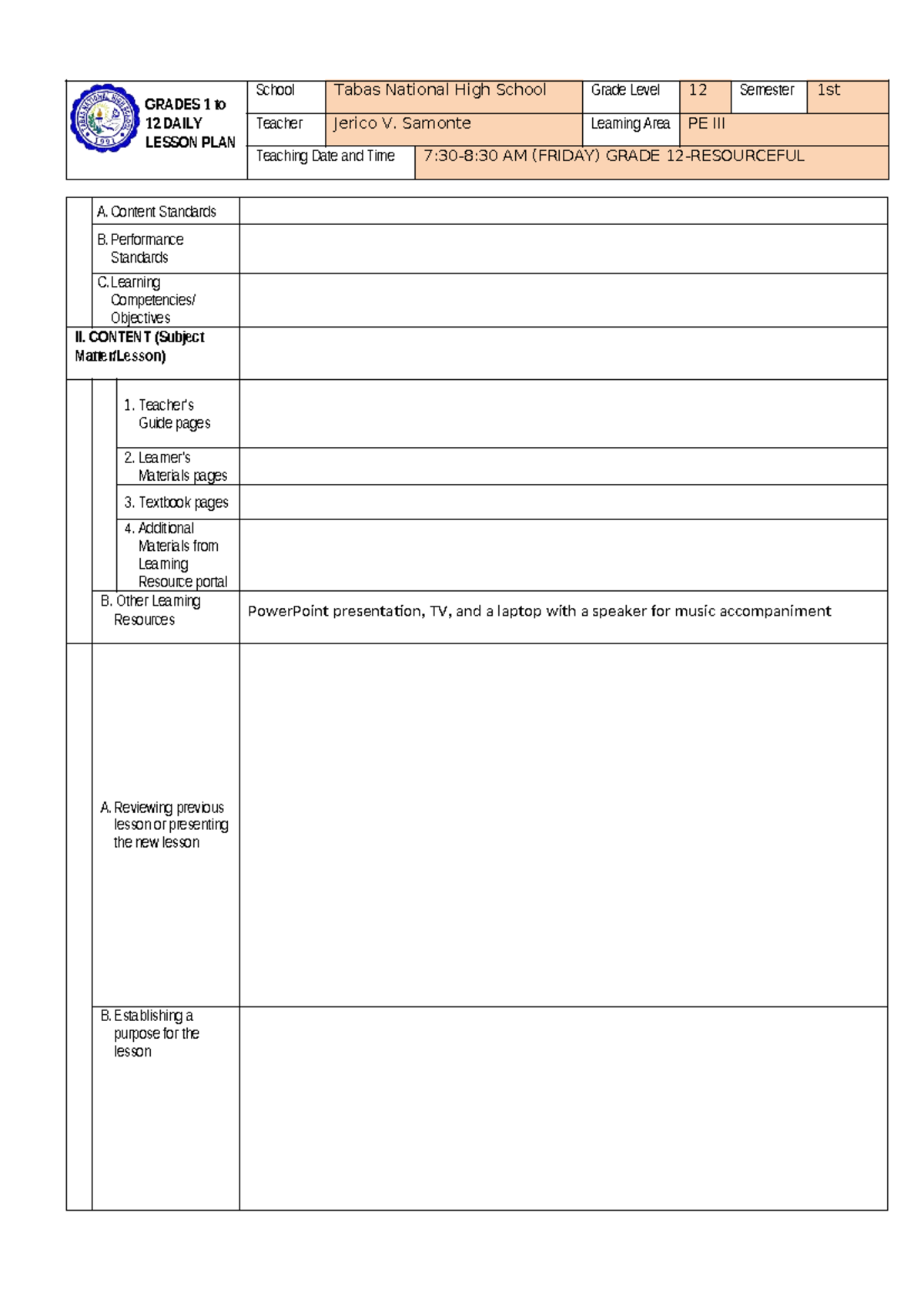 PE DLP - Daily Lesson Plan for Grade 12 at Tabas National High School ...