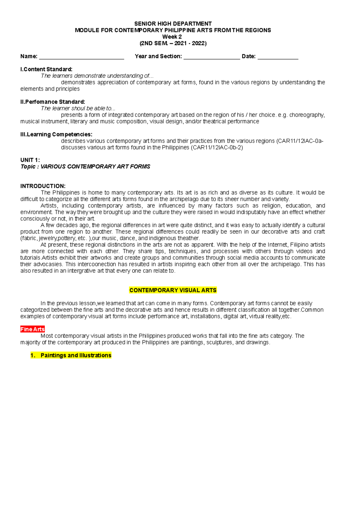 Contemporary Philippine Arts Module 2 (CPAR11/12IAC-0a) Overview - Studocu