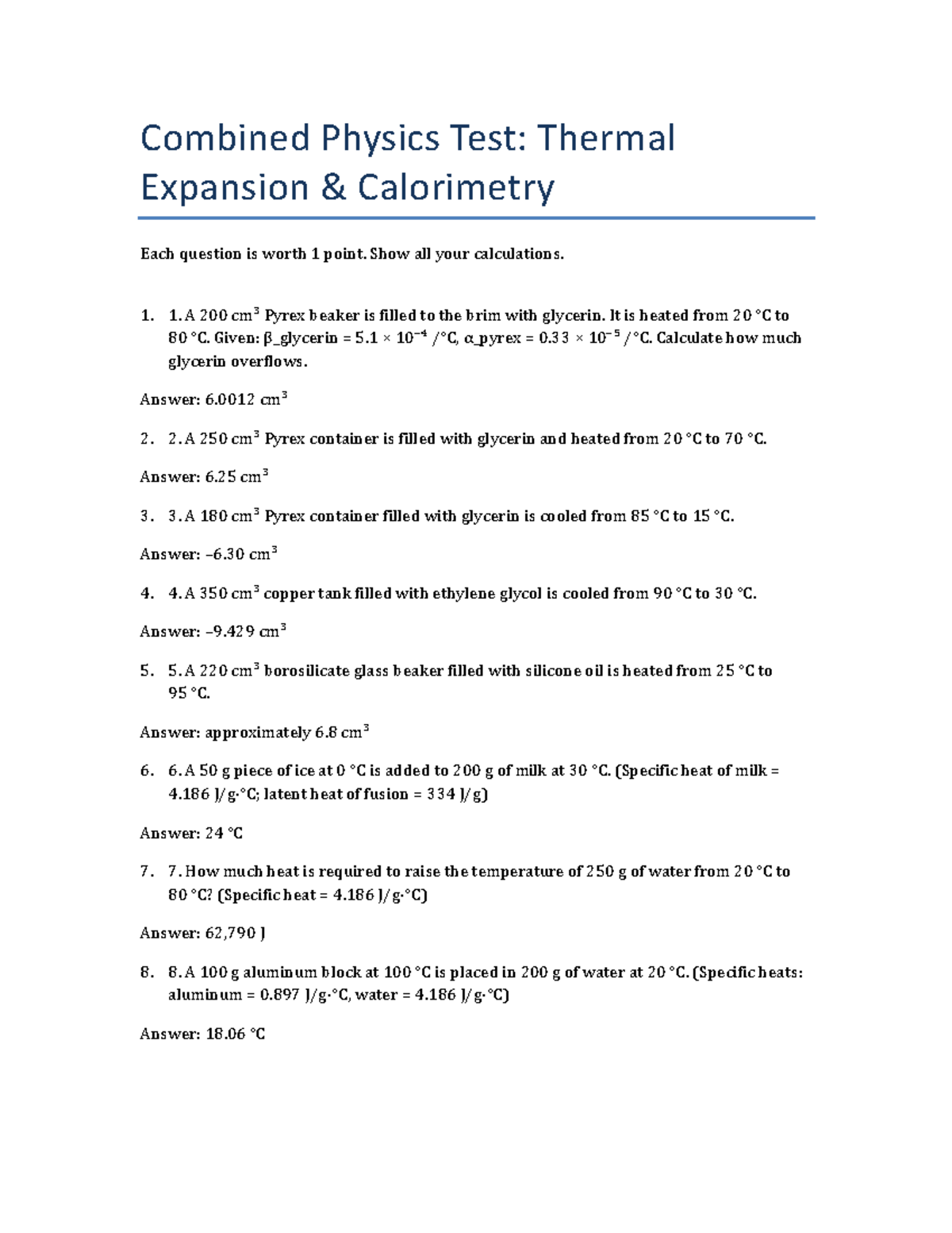 Combined Physics Test: Thermal Expansion & Calorimetry - Studocu