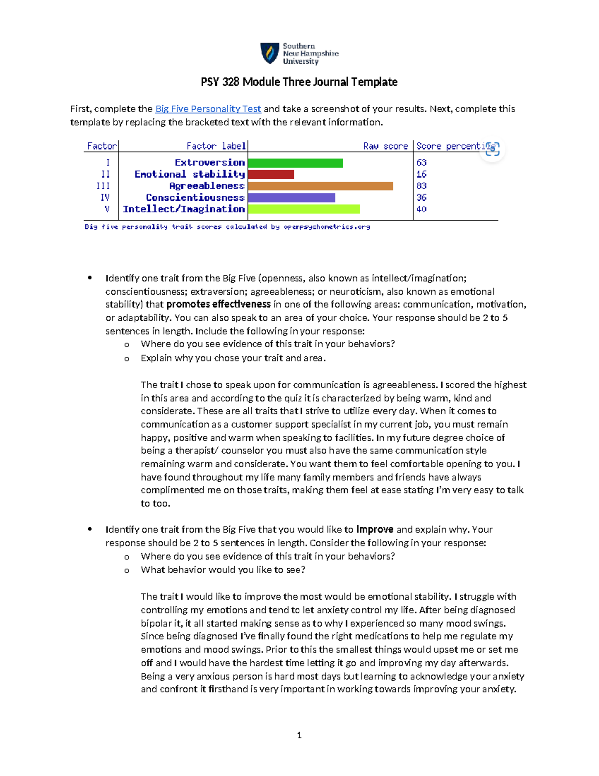 PSY 328 Big Five Personality Test Reflection Journal Template - Studocu