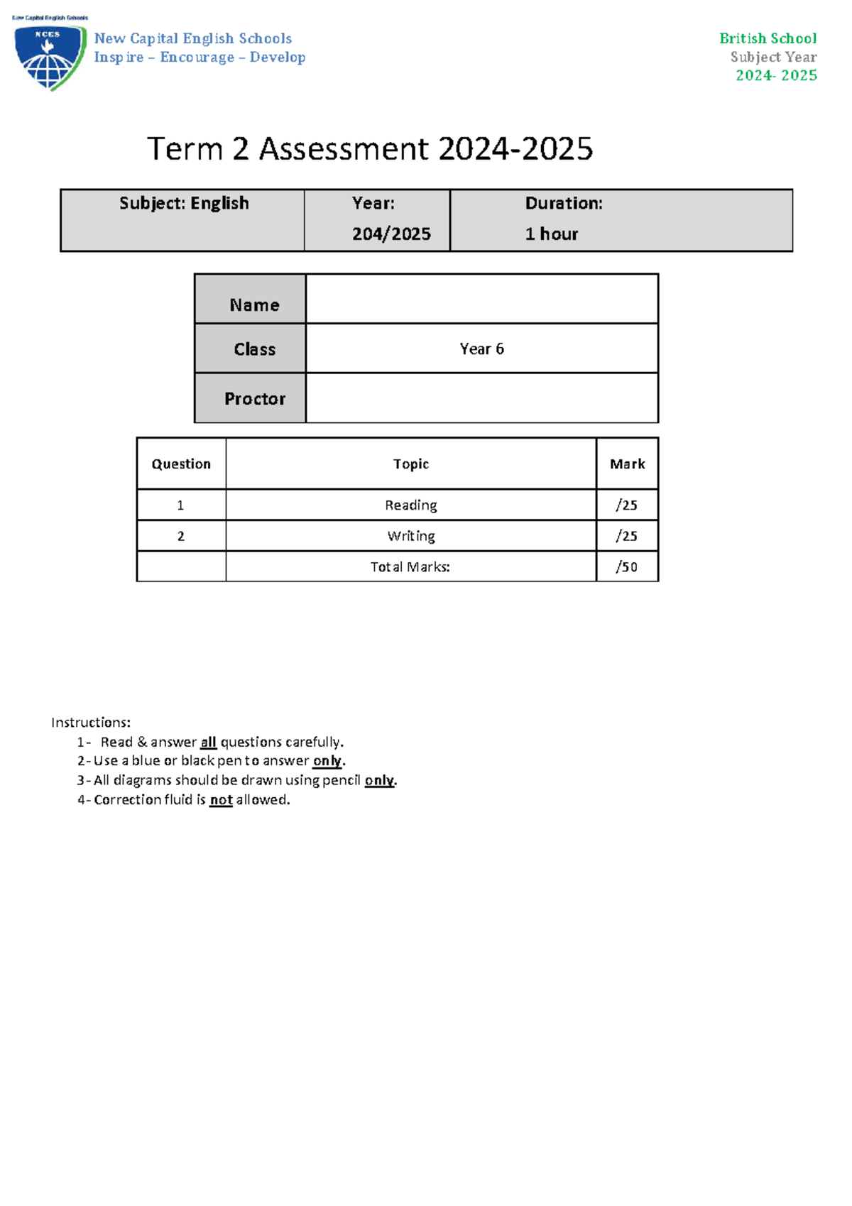 Year 6 English Term 2 Assessment Paper 1 Model B - QWREQR - Studocu