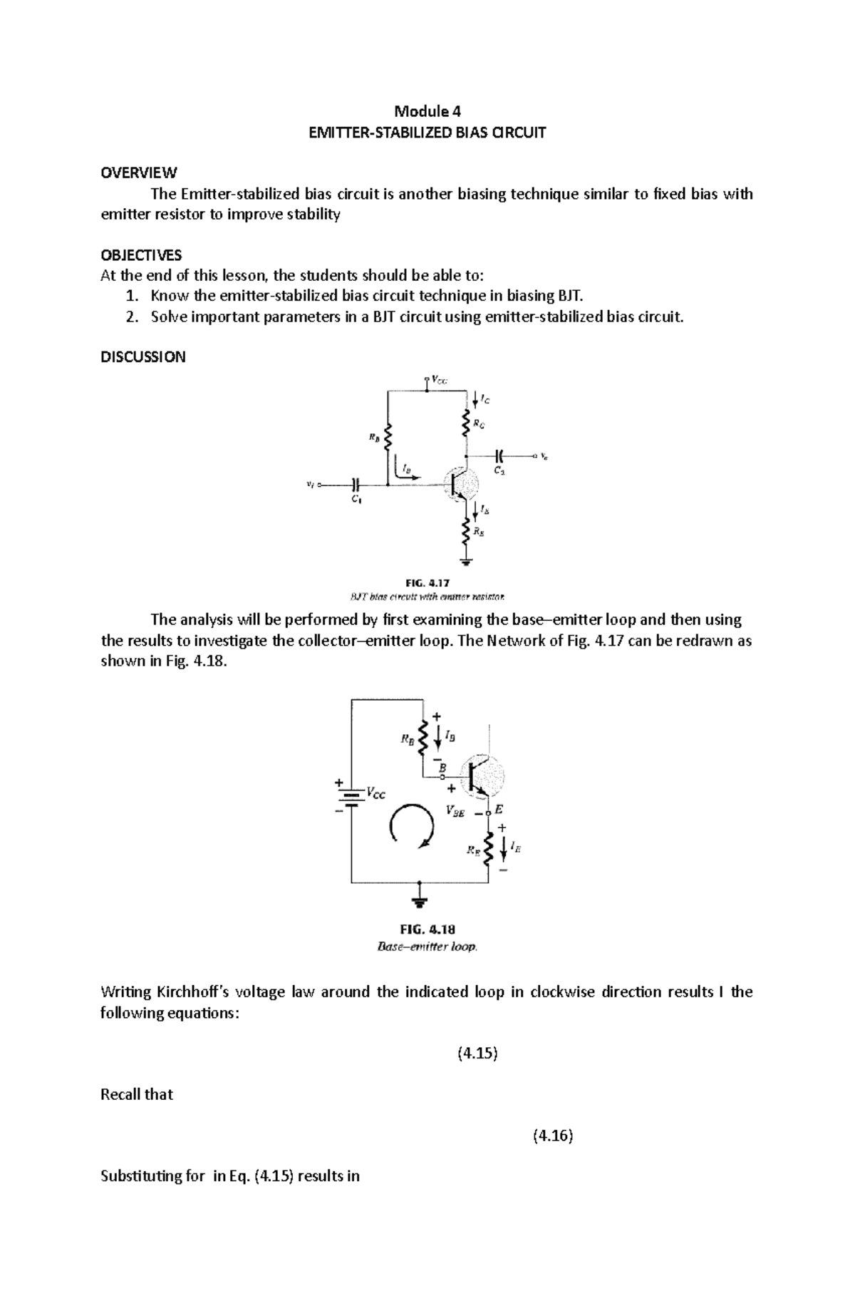 Module 4 - Emitter-Stabilized Bias Circuit for BJT Analysis - Studocu