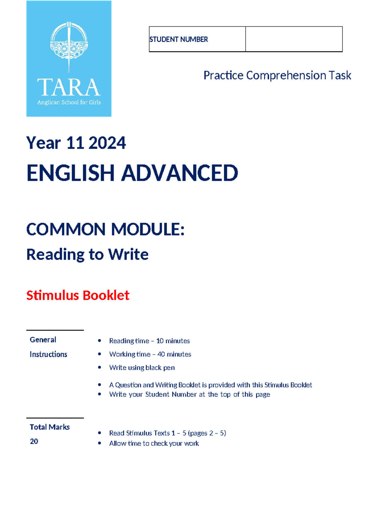 Year 11 English Advanced: Comprehension Task Stimulus Booklet 2024 ...