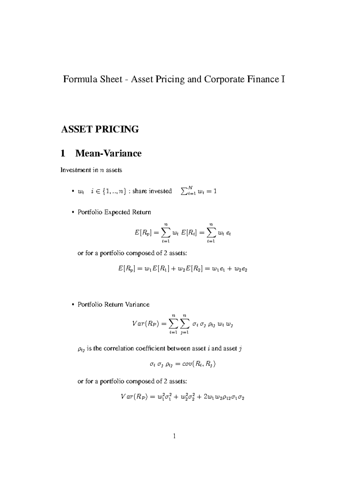 Formula Sheet: Asset Pricing & Corporate Finance I - Studocu
