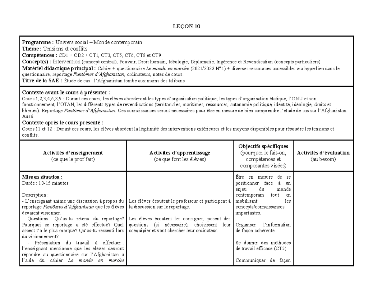Leçon 10 - Présentation d'un modèle de planification pour une séquence ...