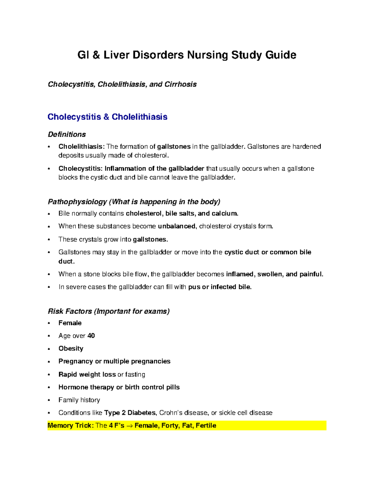 GI Nursing Study Guide: Cholecystitis, Cholelithiasis & Cirrhosis - Studocu