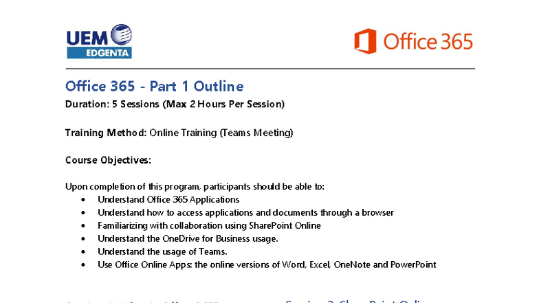 Course Outline: Office 365 Part 1 (Online Training) - Studocu