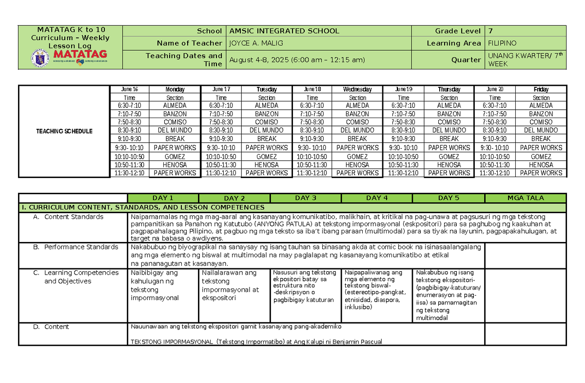 Grade 7 Filipino Lesson Exemplar: 7th Week on Tekstong Impormasyonal ...
