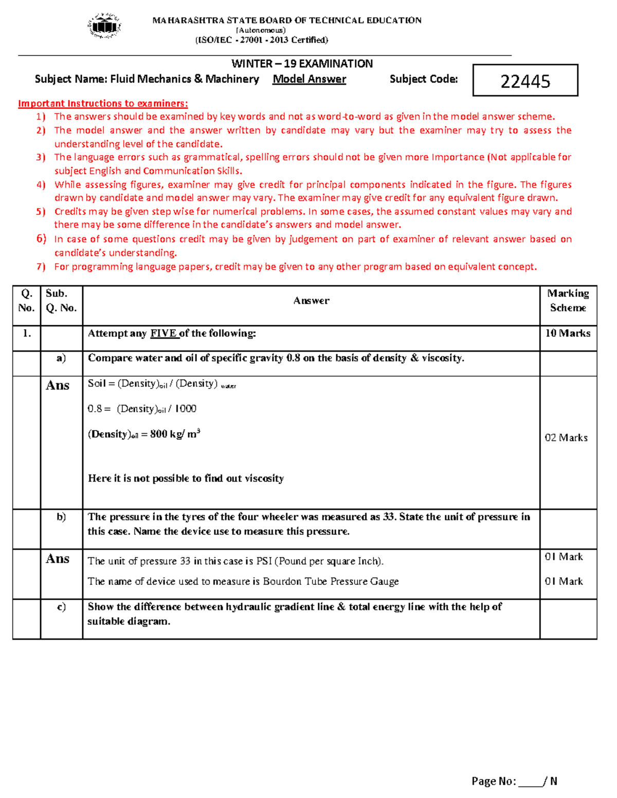 22445-Winter 2019 Model Answers for Fluid Mechanics & Machinery - Studocu