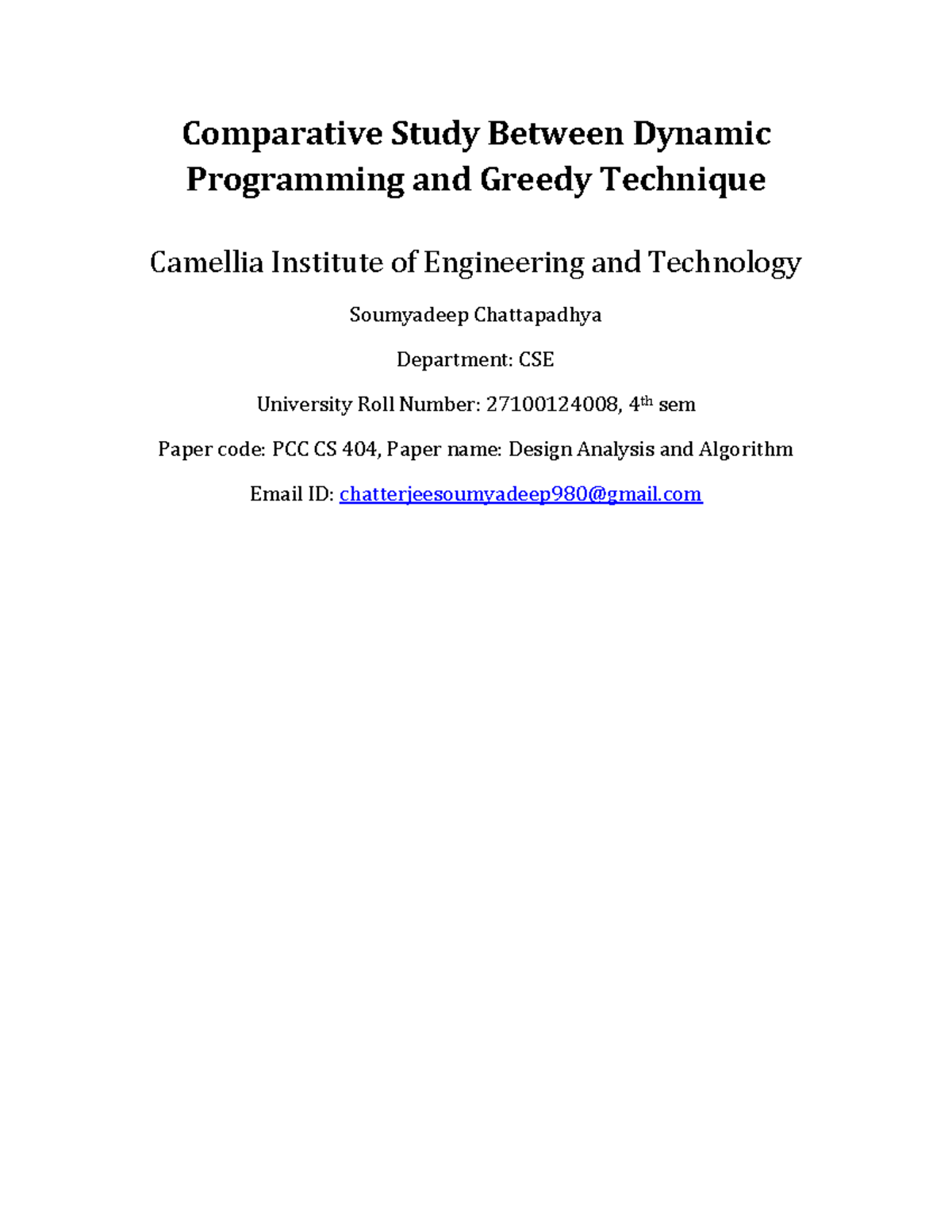 Comparative Study of DP & Greedy Techniques - PCC CS 404 - Studocu
