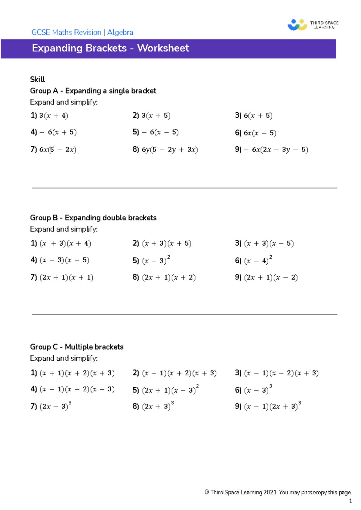 Geography paper 1 - Expanding Brackets - Worksheet Skill Group A ...