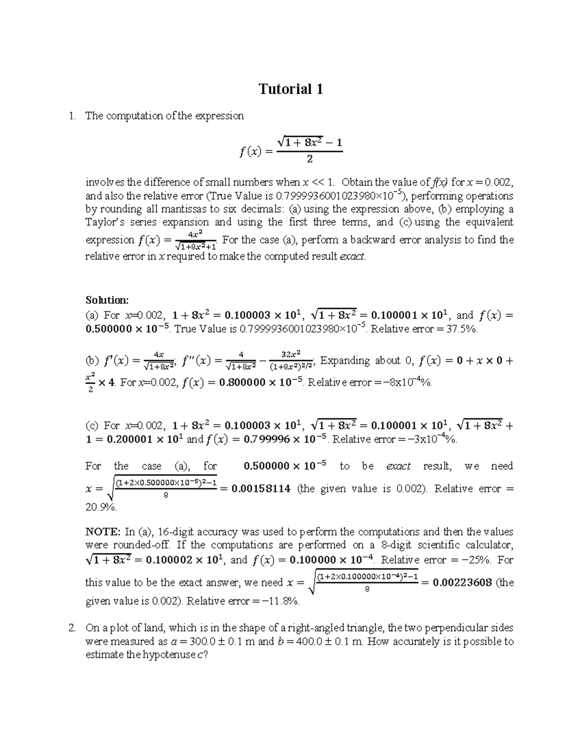 Tutorial Solutions for Math 101: Problems 1-6 - Studocu