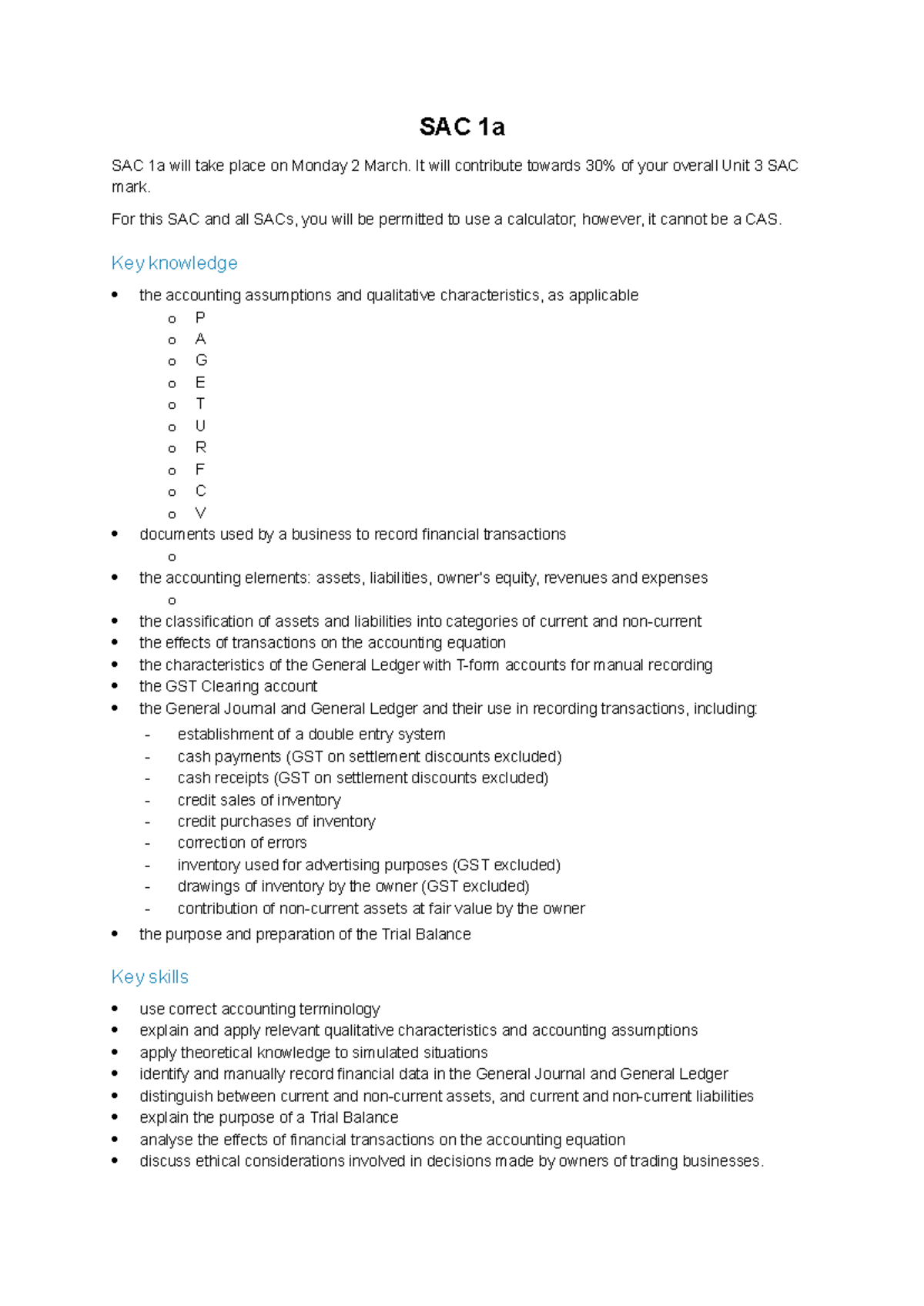 SAC 1a Checklist for Unit 3 Accounting Assessment - Studocu