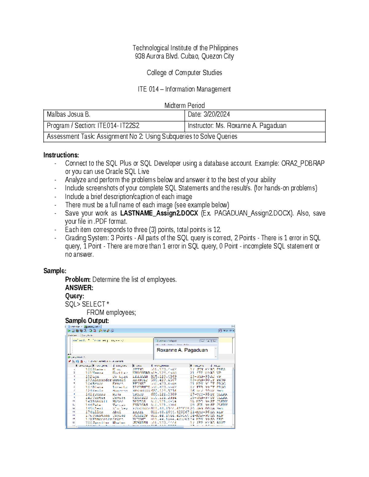 ITE 014 Midterm Assignment 2: Subqueries for SQL Queries - Studocu
