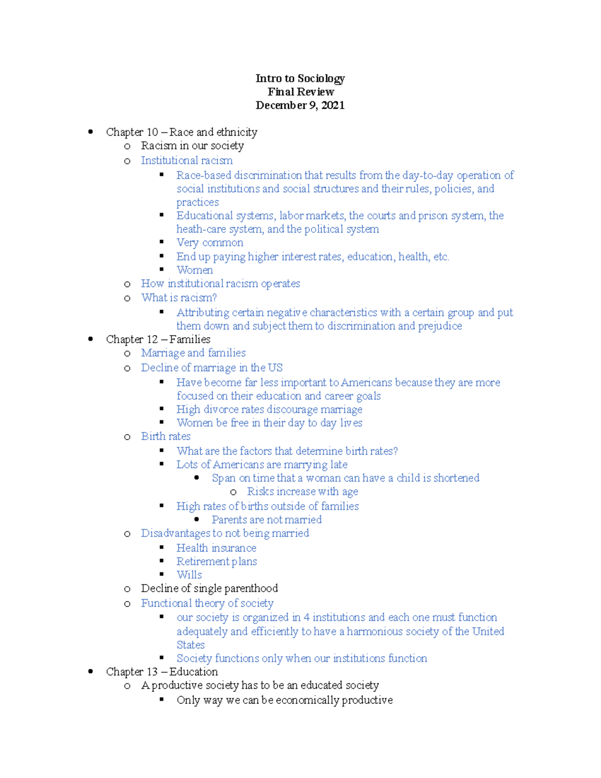 Introduction to Sociology Final Study Guide - Intro to Sociology Final ...