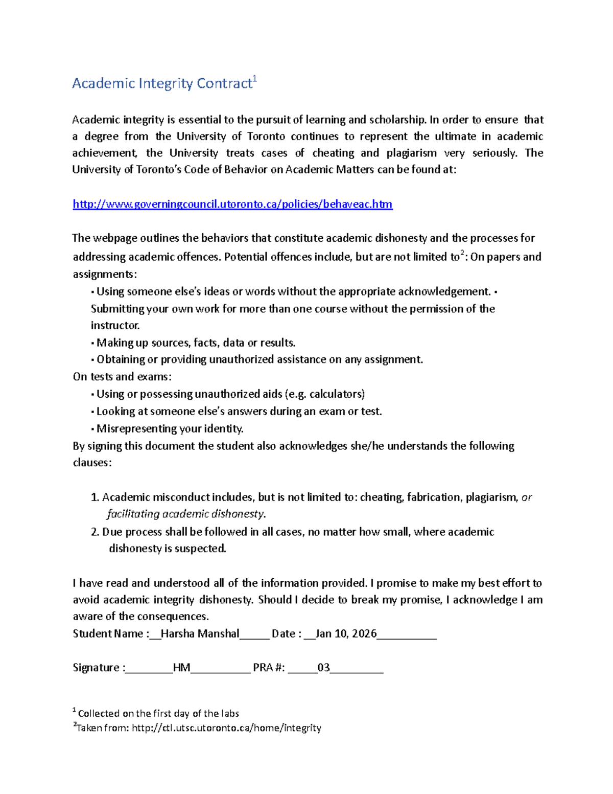 Academic Integrity Contract - University of Toronto Guidelines - Studocu
