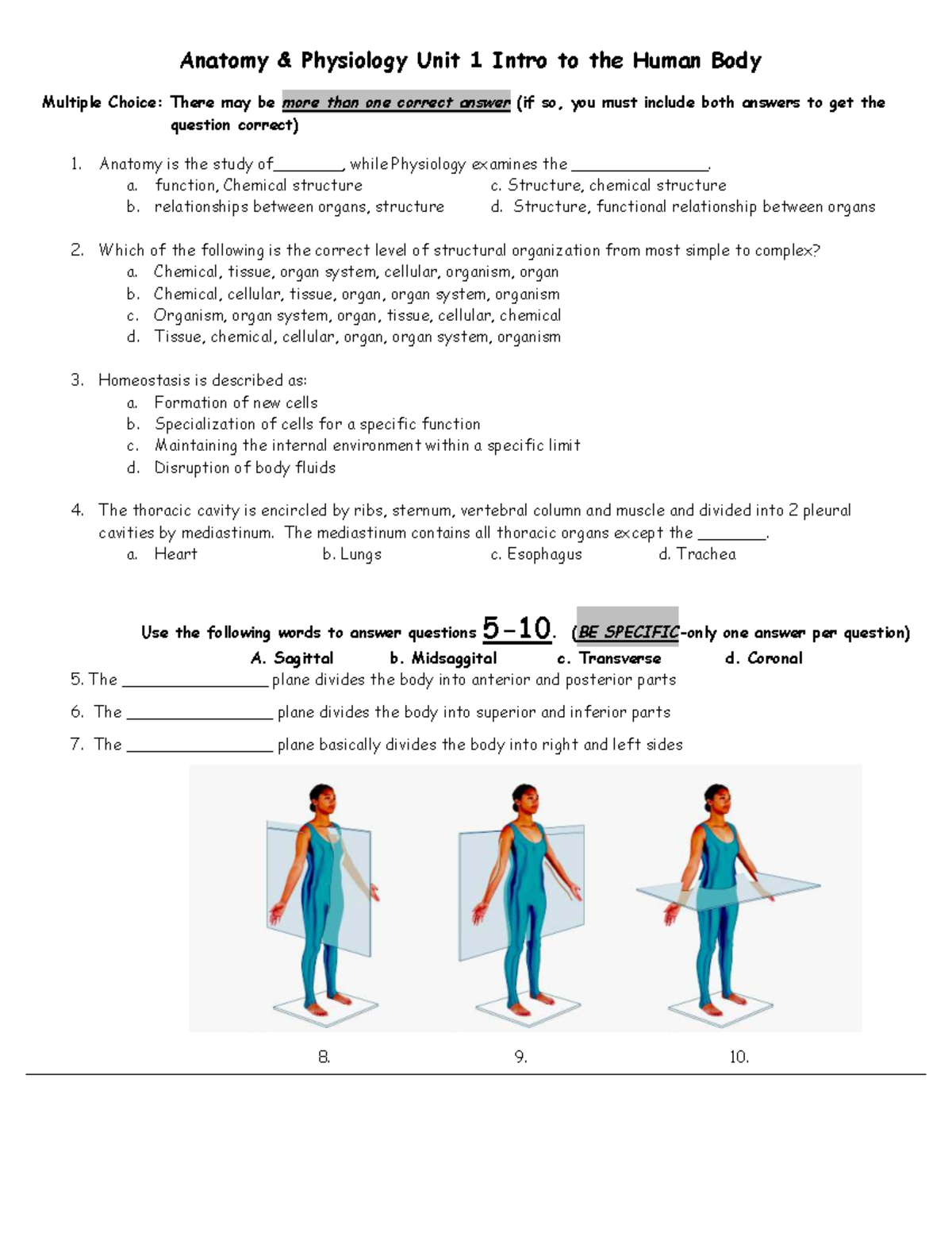 Anatomy Physiology Unit 1 SG: Intro to the Human Body MCQs - Studocu