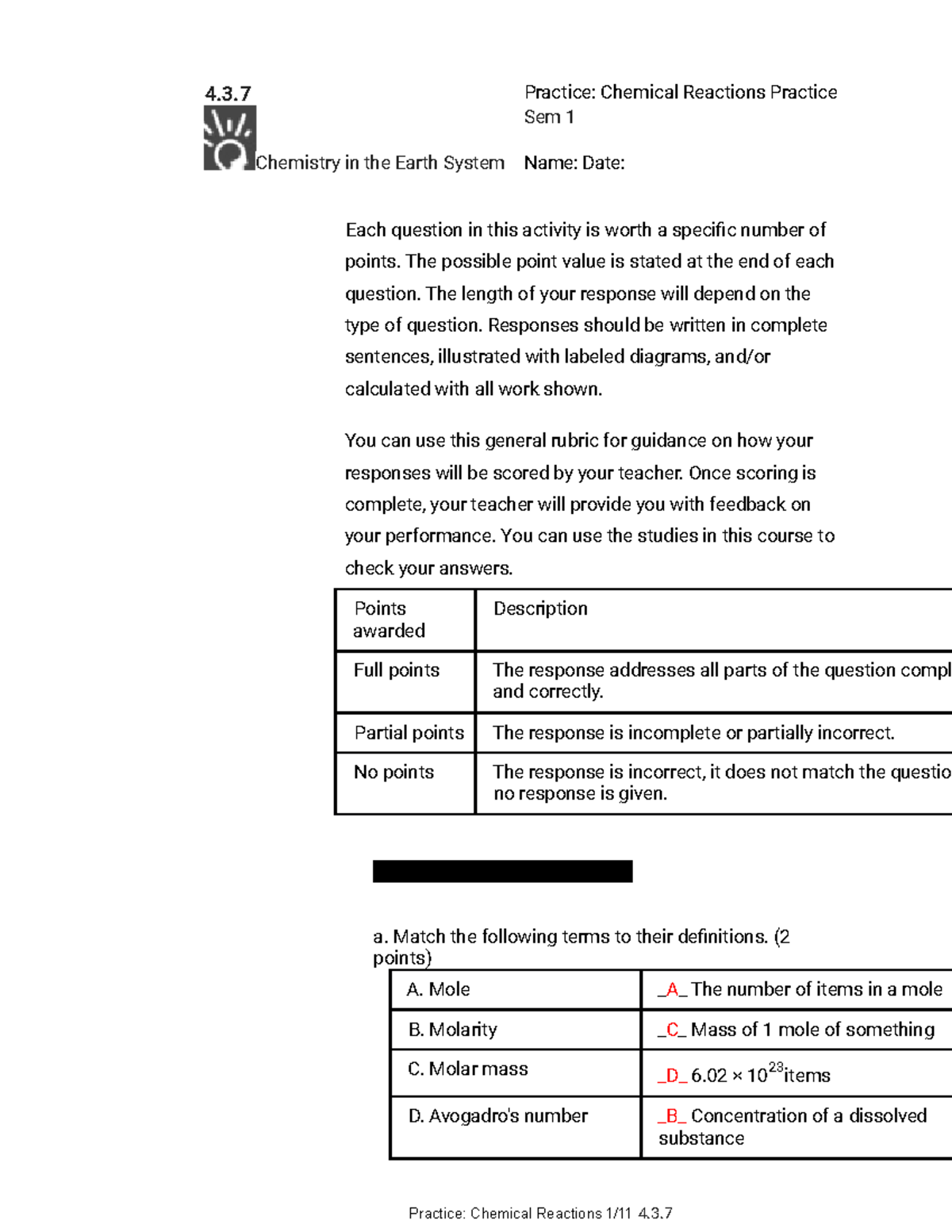 4.3.7 Practice - Chemical Reactions for Chemistry Sem 1 - Studocu