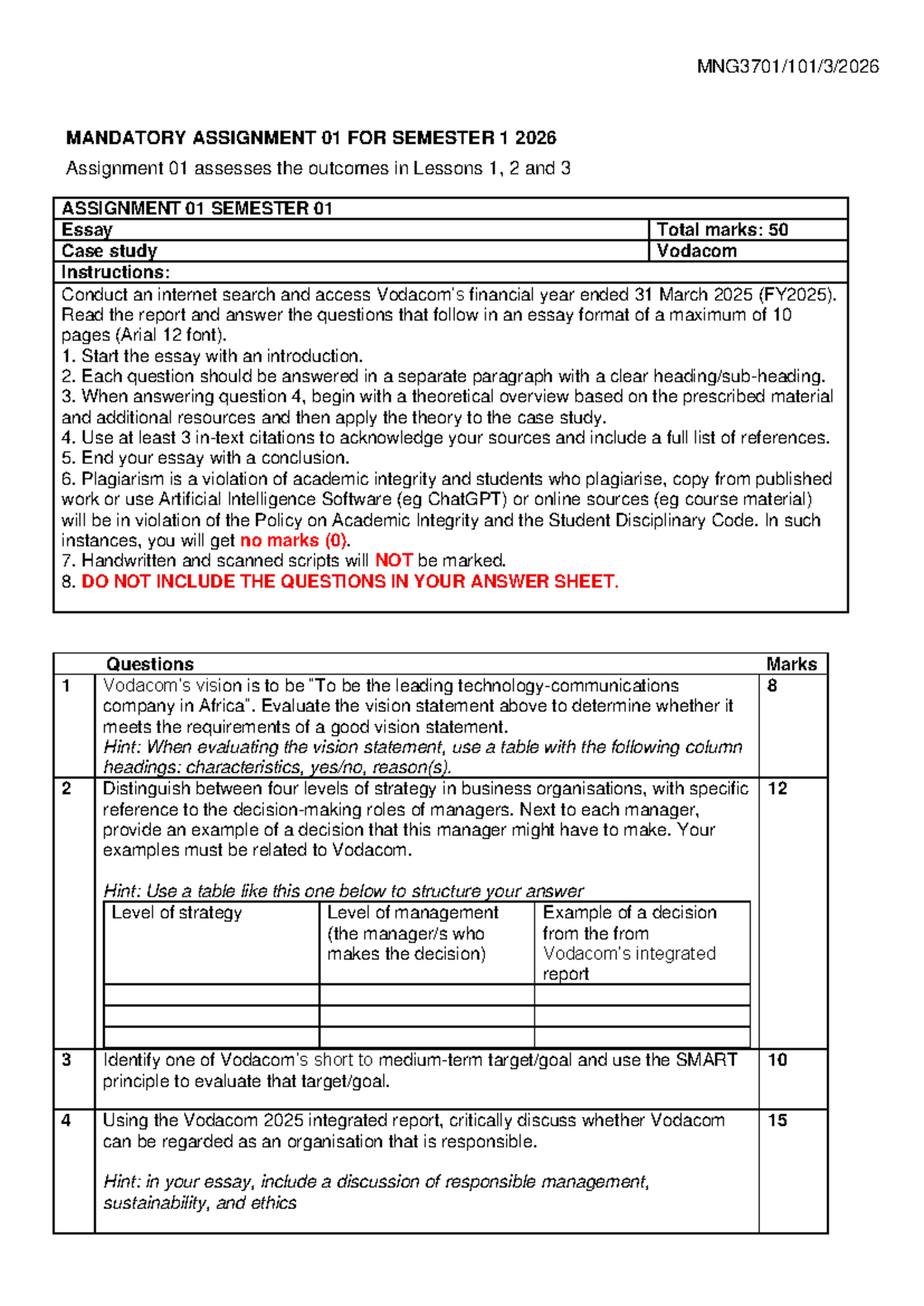MNG3701 Assignment 01: Case Study Analysis of Vodacom for Semester 1 ...