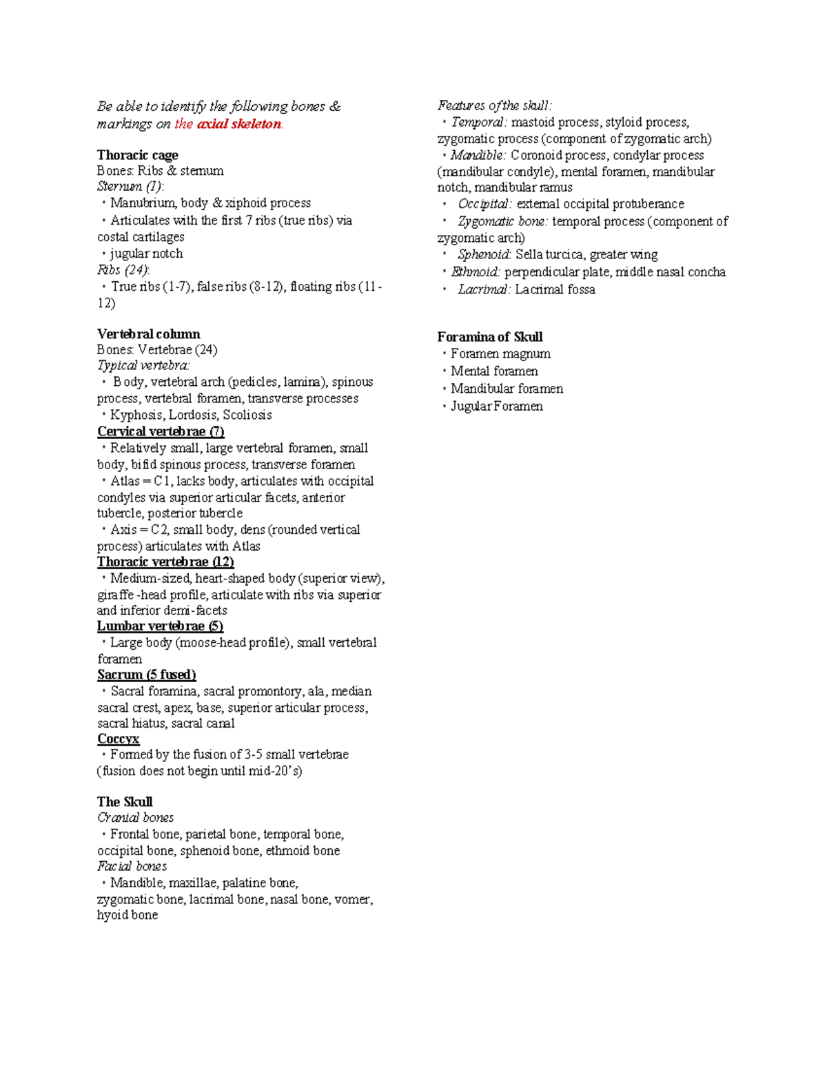 Axial Skeleton Bone Markings Identification Guide (Course Code) - Studocu