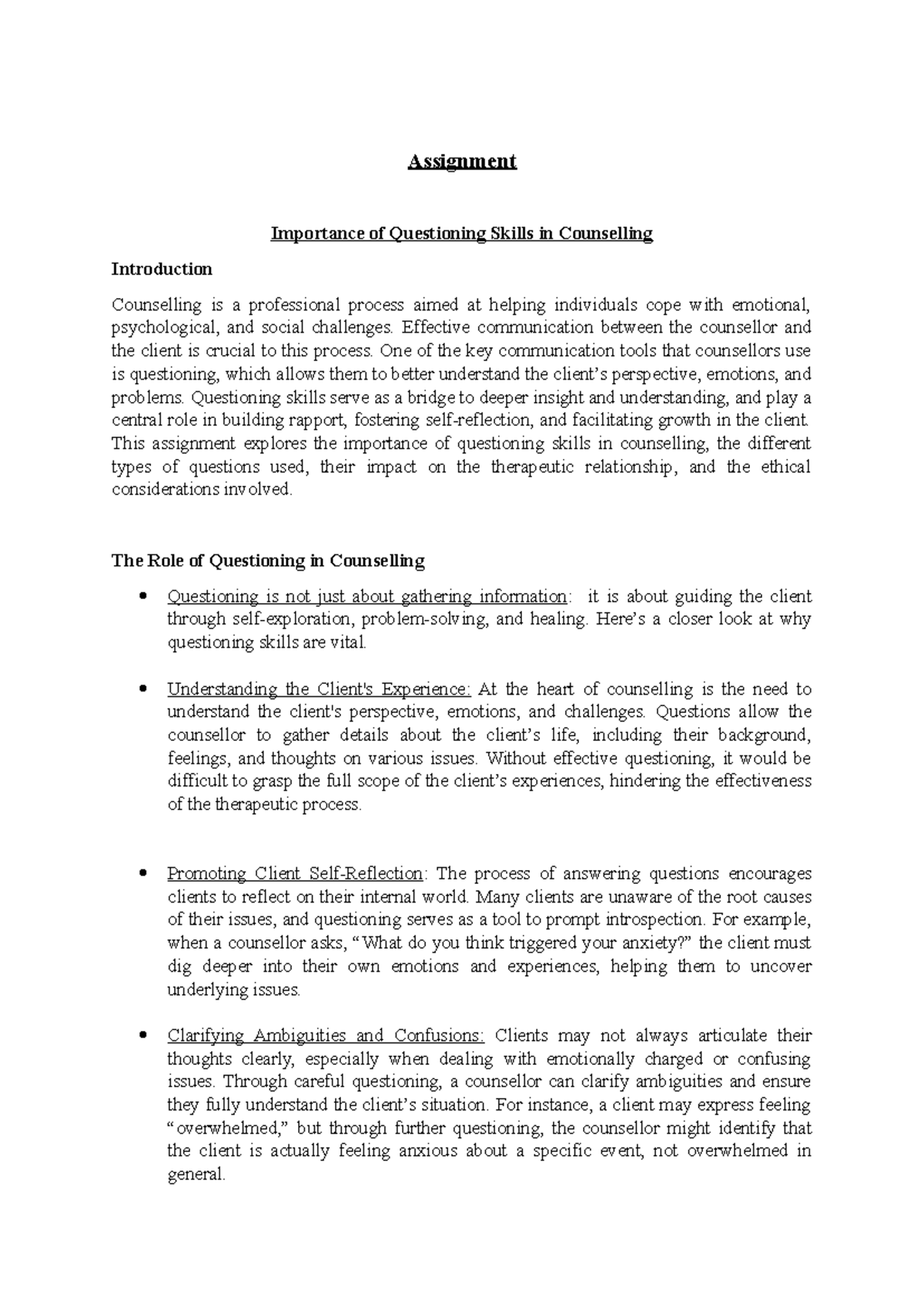 Assignment - The Vital Role of Questioning Skills in Counselling - Studocu
