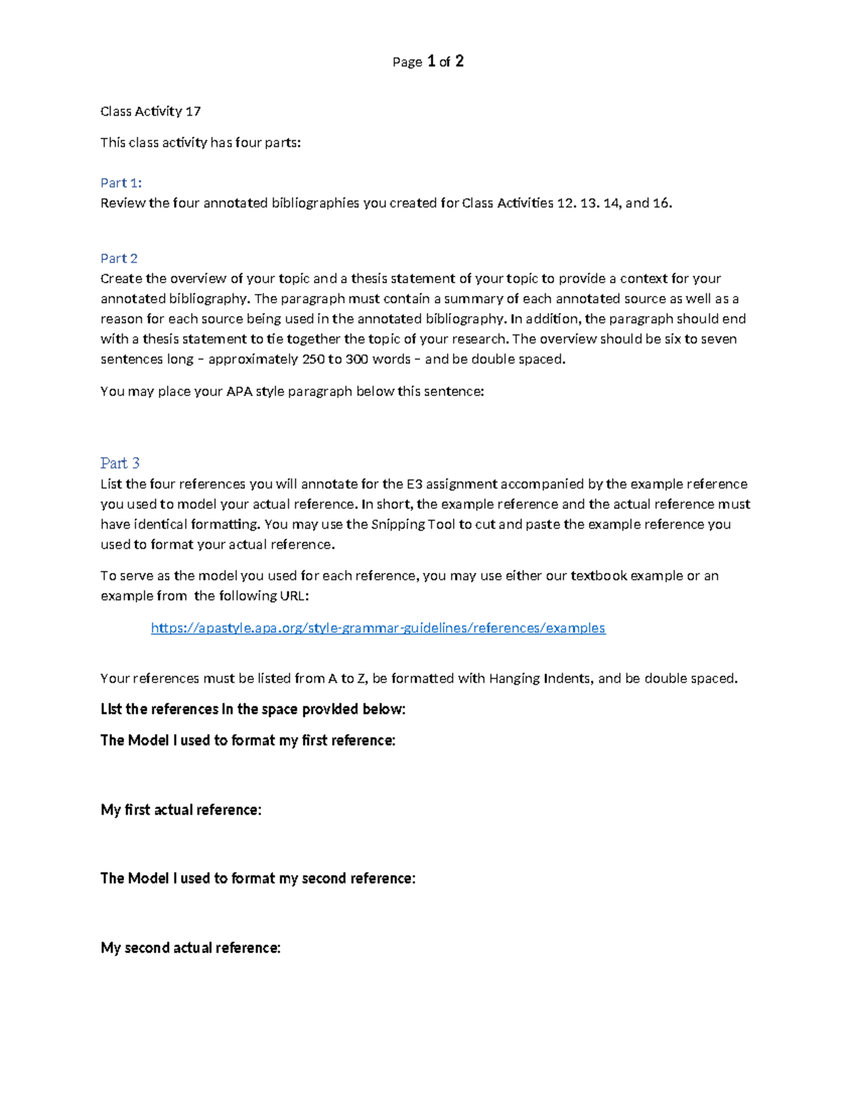 Class Activity 17: Annotated Bibliography Overview & References - Studocu