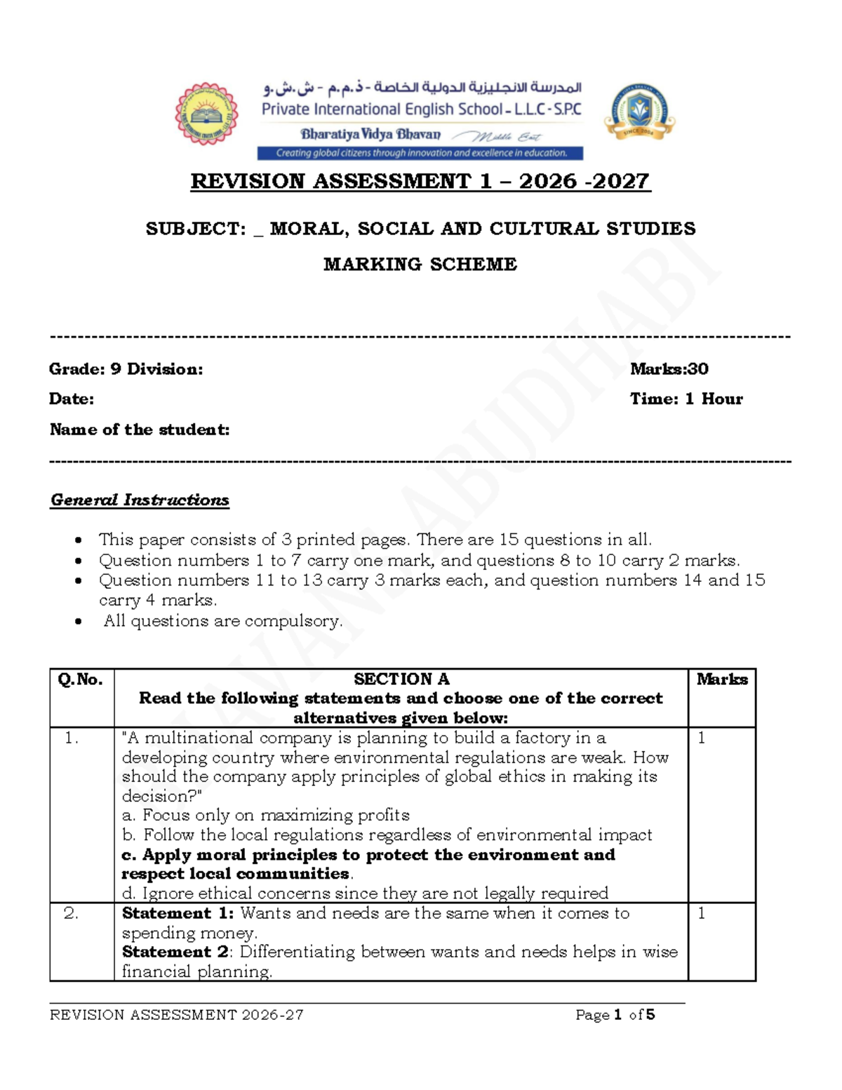GR 9 MSCS Revision Assessment 1 Marking Scheme 2026 - Studocu