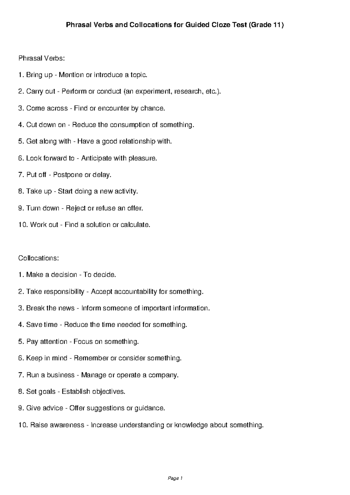 Phrasal Verbs & Collocations for Grade 11 Guided Cloze Test - Studocu