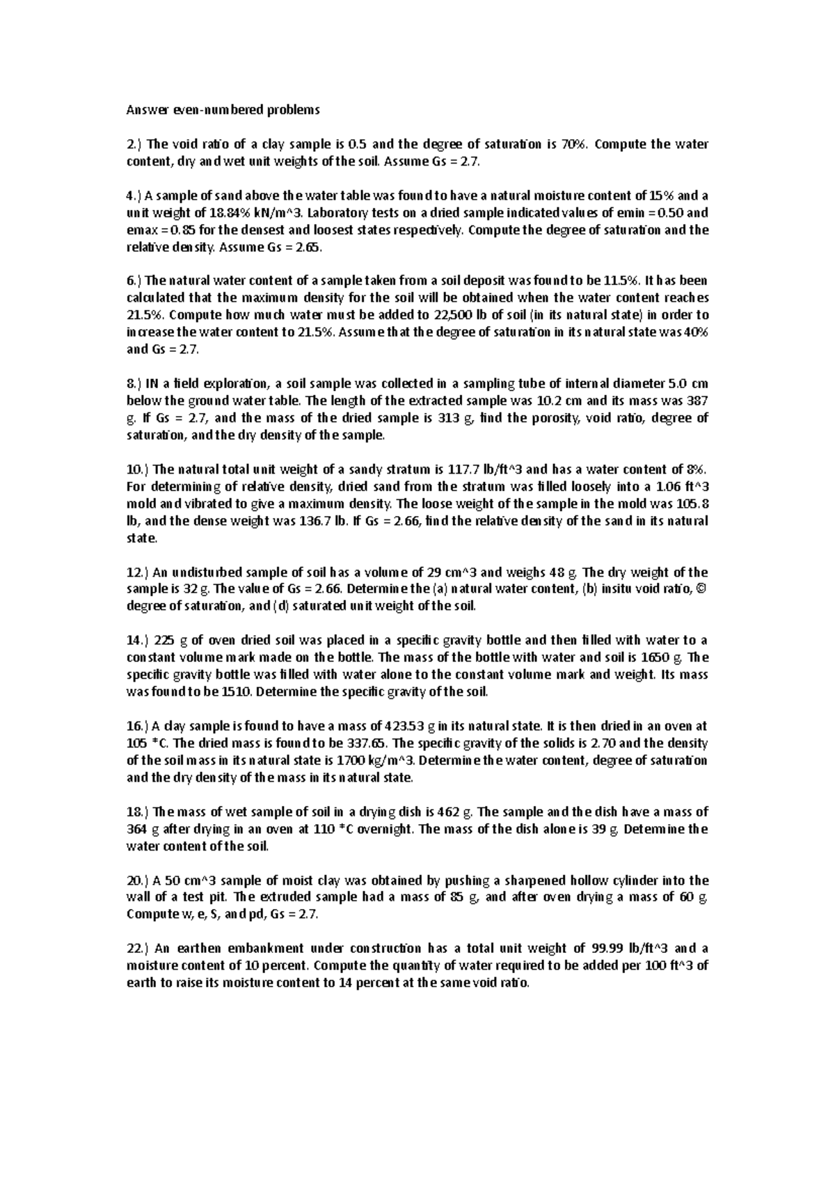 Soil Mechanics Study Guide: Even-Numbered Problem Solutions - Studocu