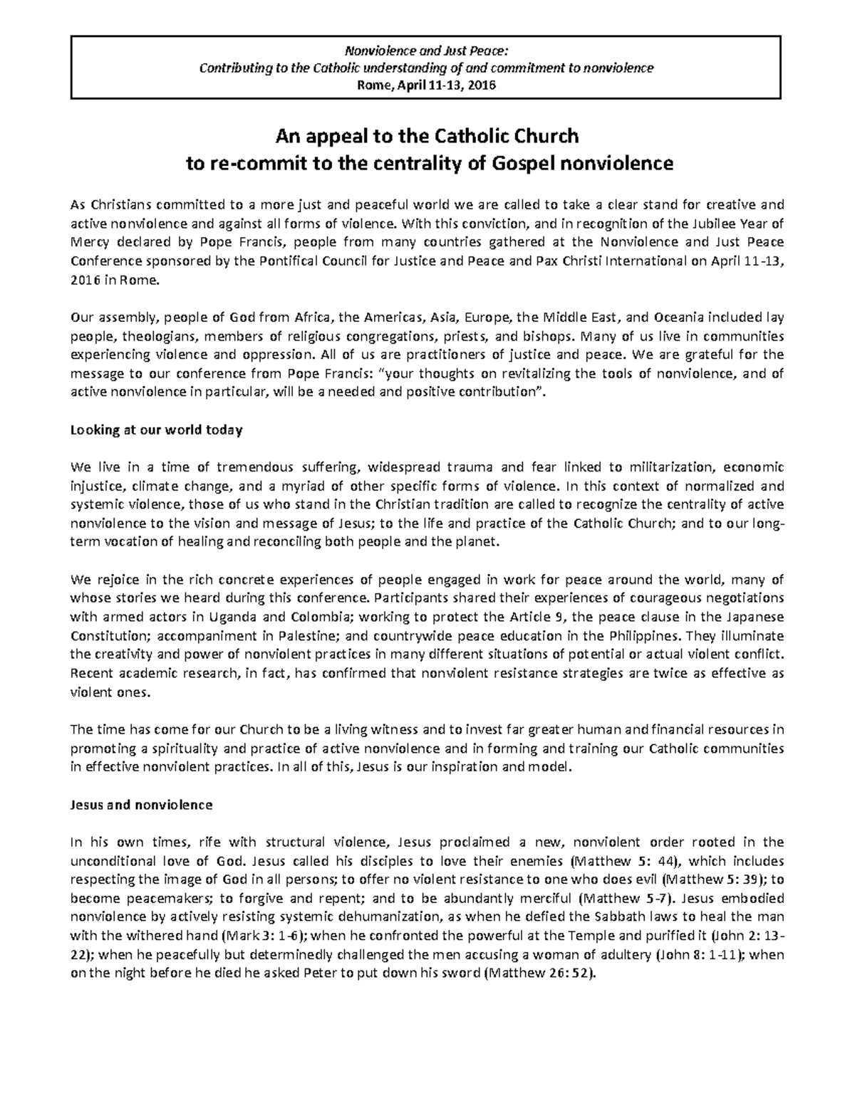 2016 Appeal to Catholic Church on Gospel Nonviolence - Studocu