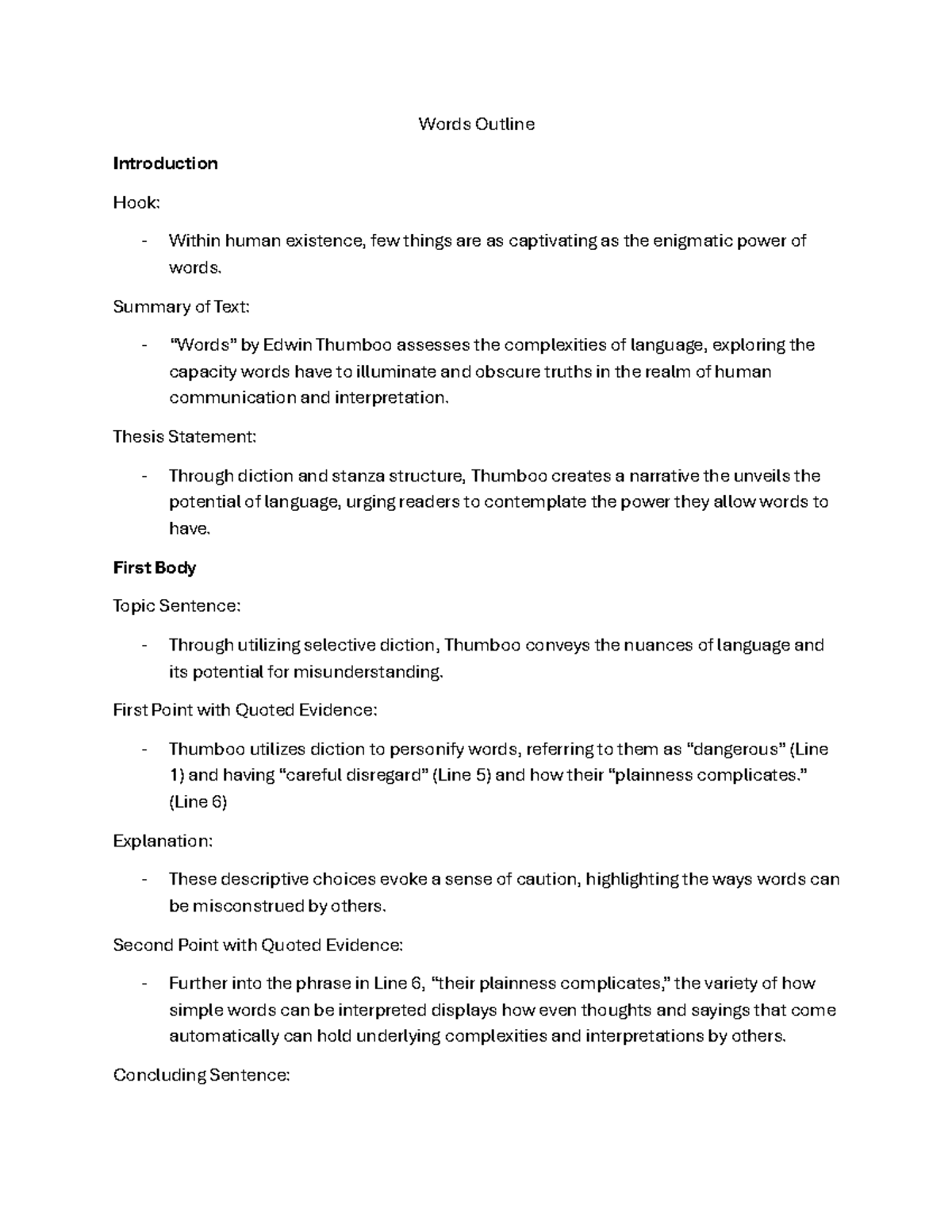 Words Poem Essay Outline (ENG 101) - Analyzing Thumboo's Language Power ...