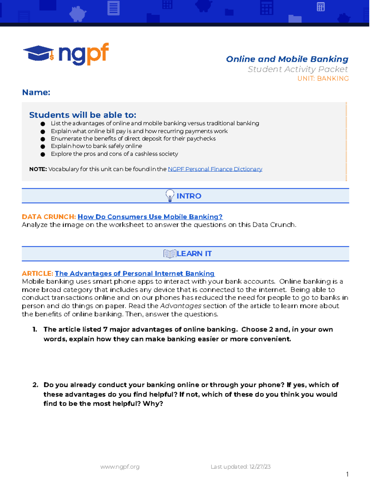 Online and Mobile Banking Student Activity Packet - Online and Mobile ...