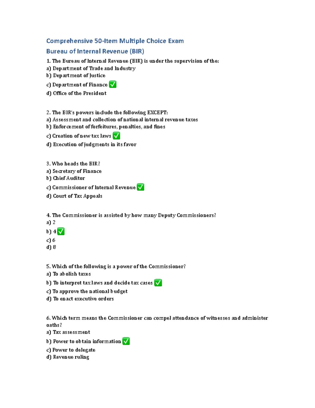 BIR 50-Item Practice Exam: Powers & Functions of the Bureau - Studocu