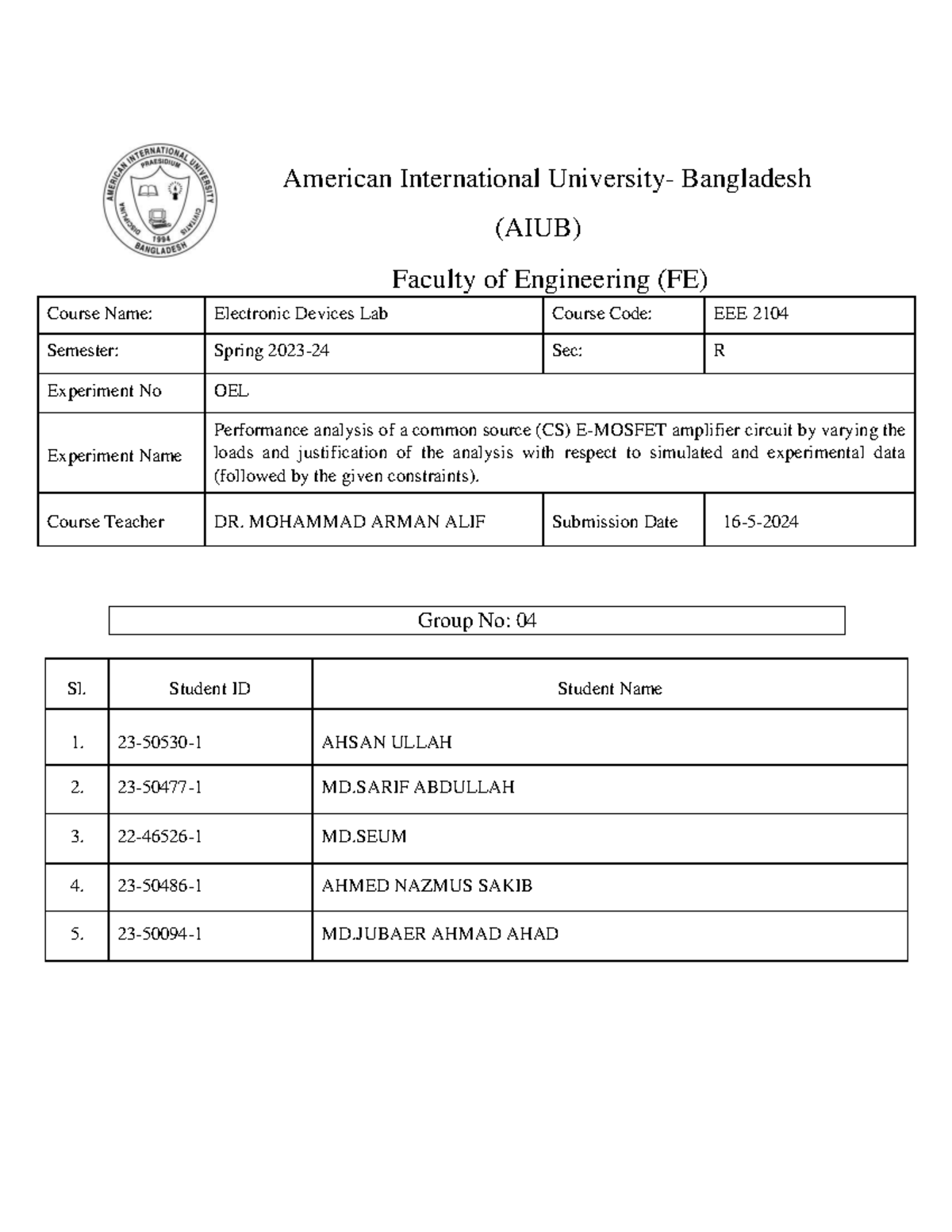 EEE 2104 Electronic Devices Lab OEL Report on E-MOSFET Amplifier - Studocu