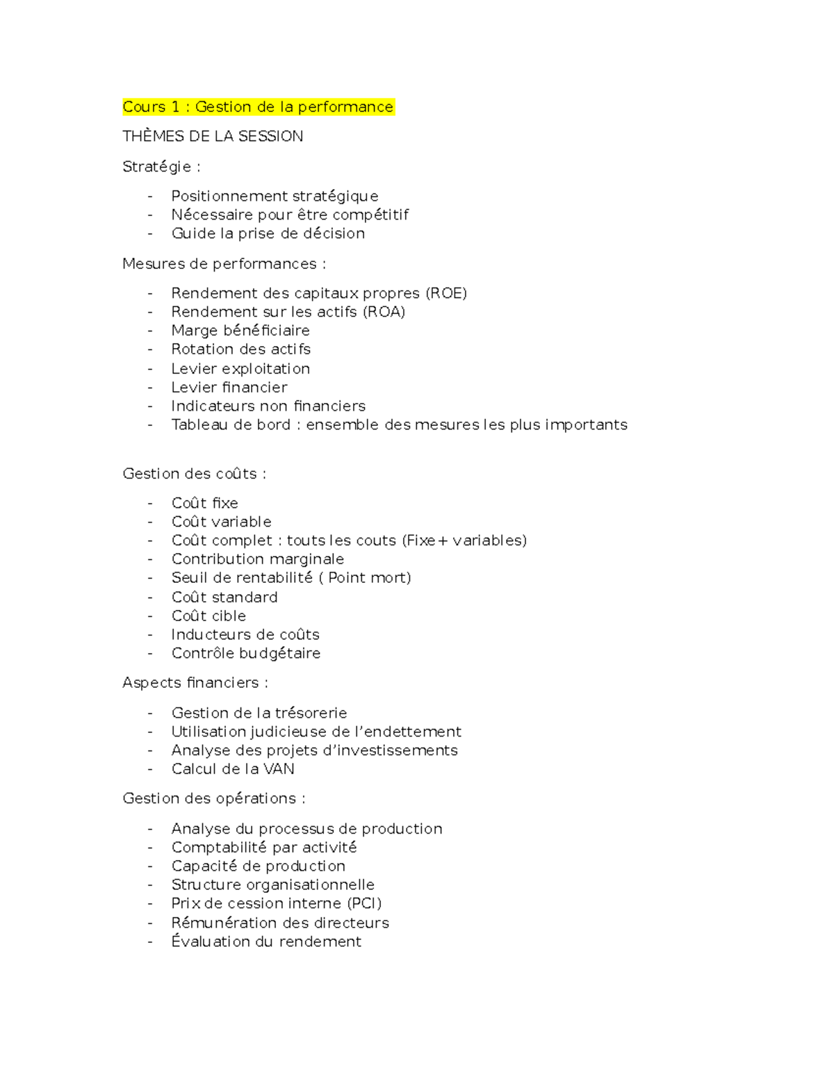 Cours 1 - Notes de Gestion de la Performance et Aspects Financiers ...