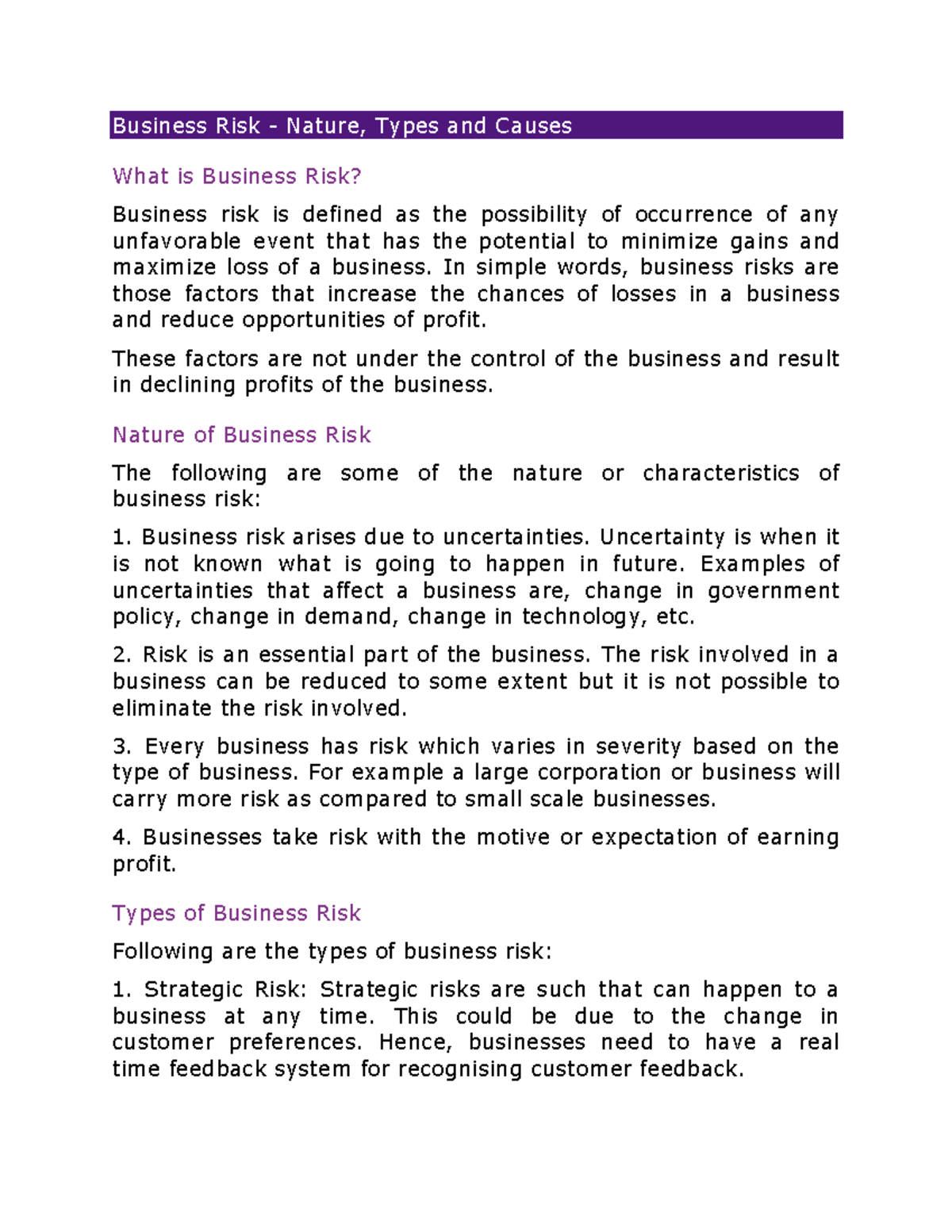 Business Risk: Nature, Types & Causes Analysis in Business Studies ...