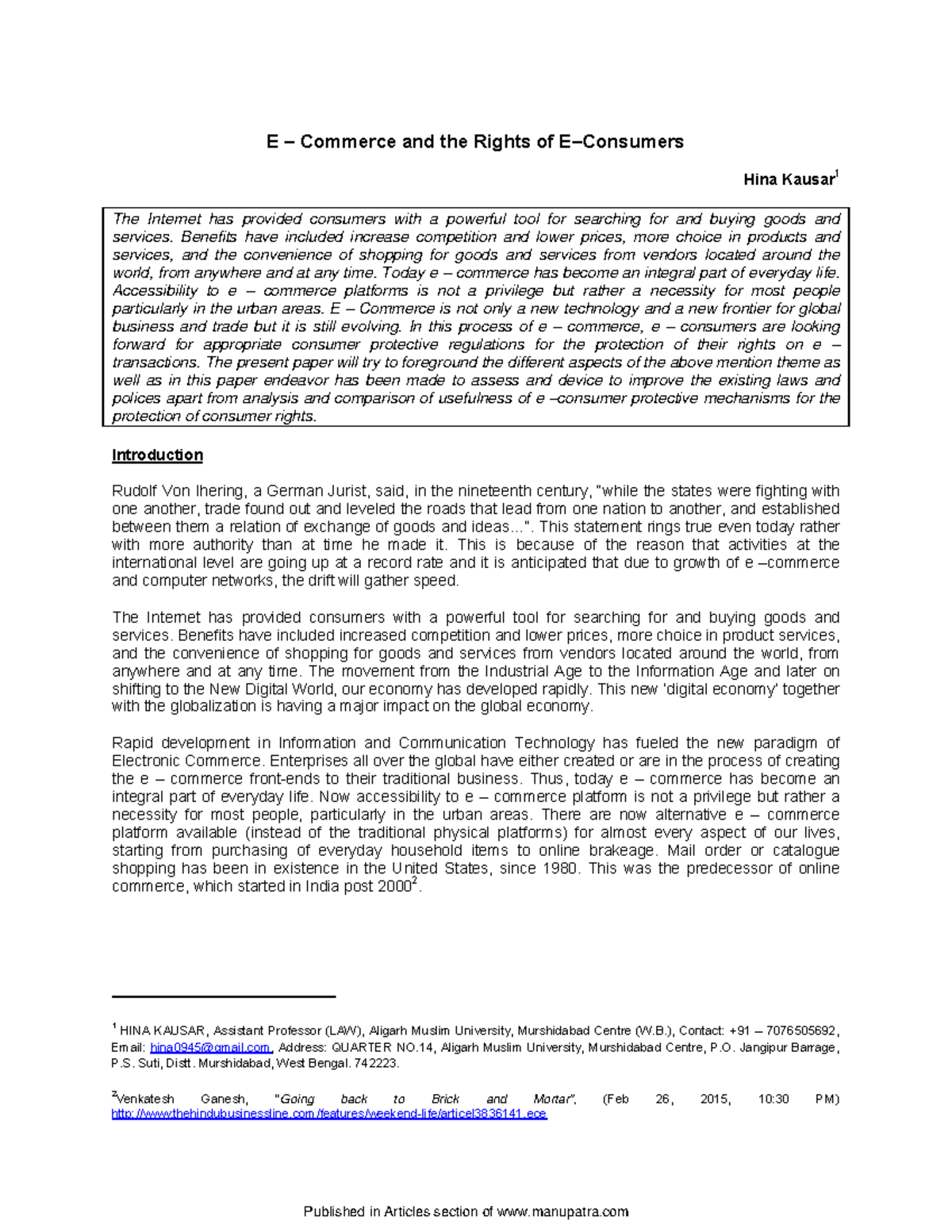 E-Commerce and Consumer Rights: A Study on Legal Protections - Studocu