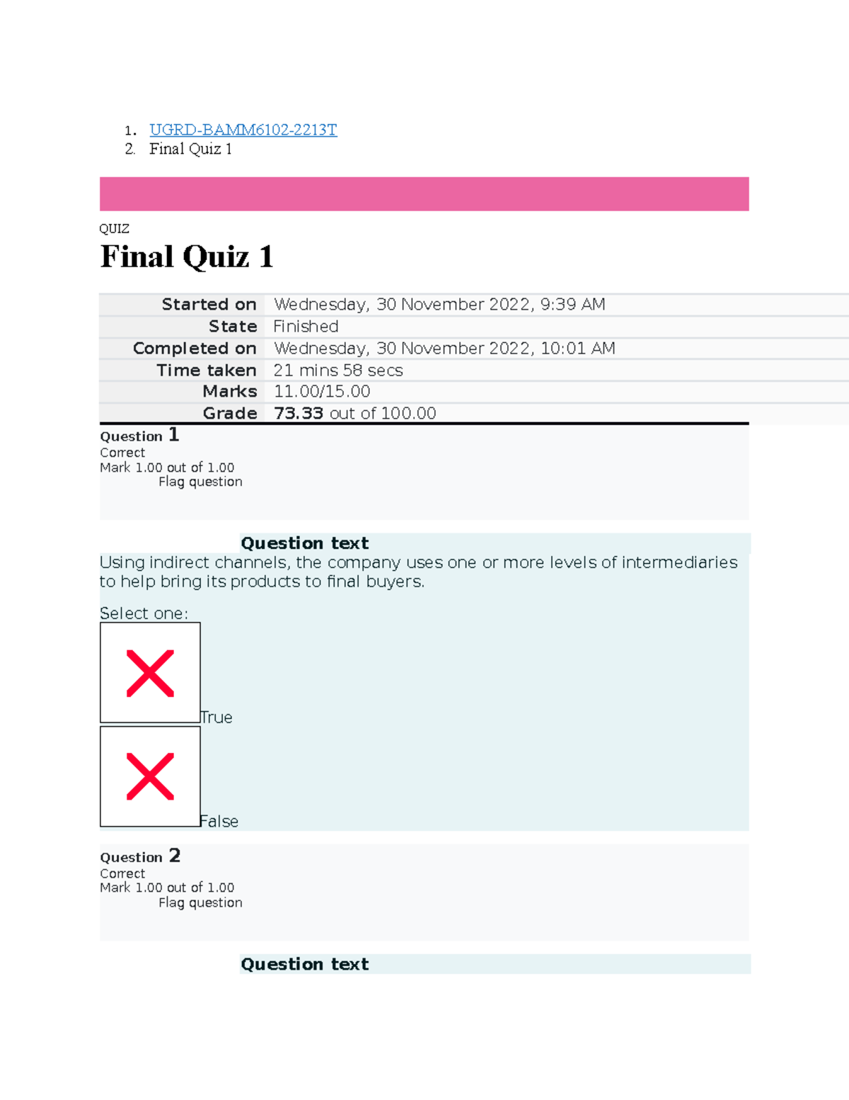 BAMM6102 final quiz 1 - UGRD-BAMM6102-2213TFinal Quiz 1 QUIZ Final Quiz ...
